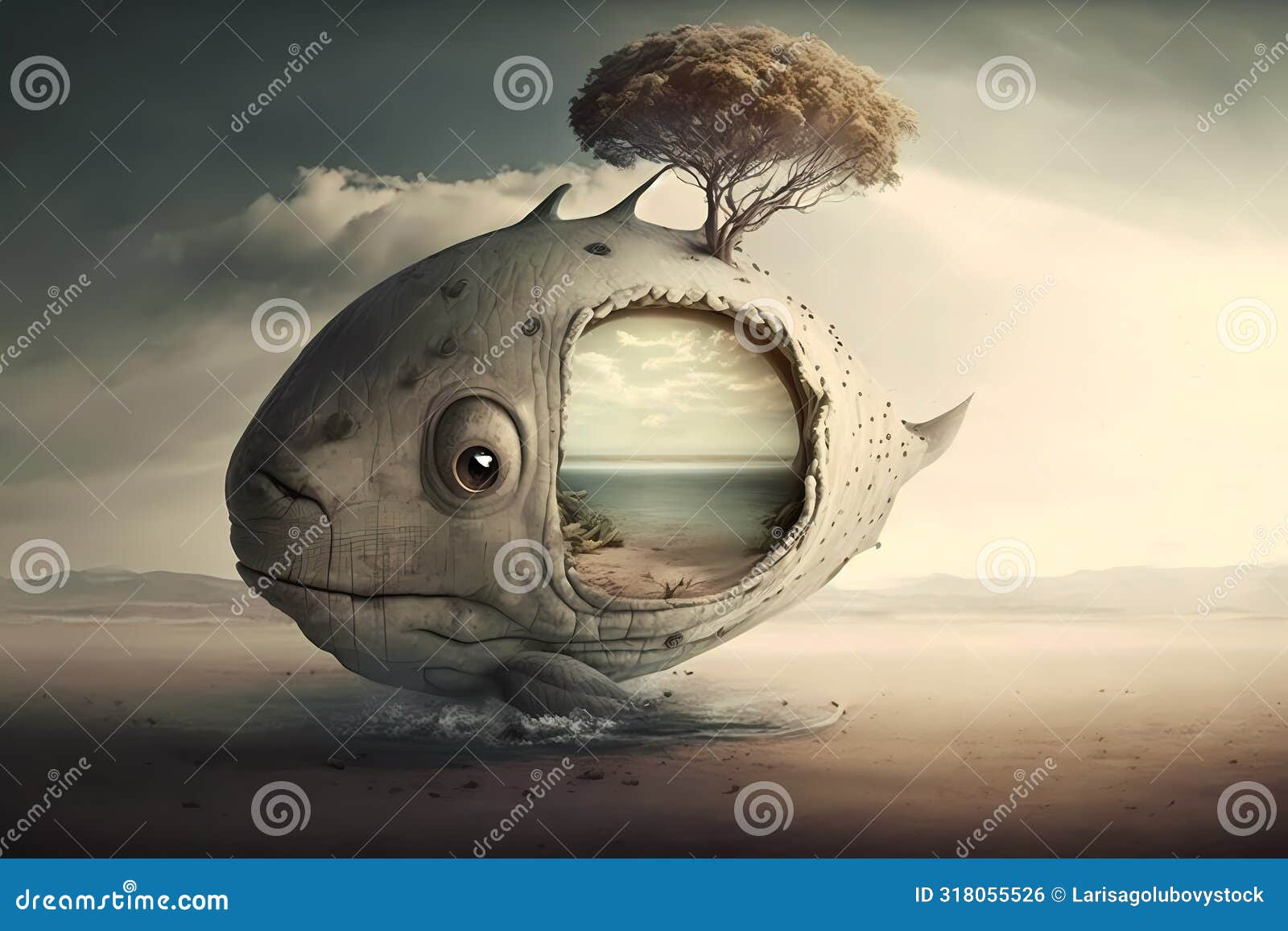 Fish with Tree on Head Underwater Abstract Art Illustration. Stock ...
