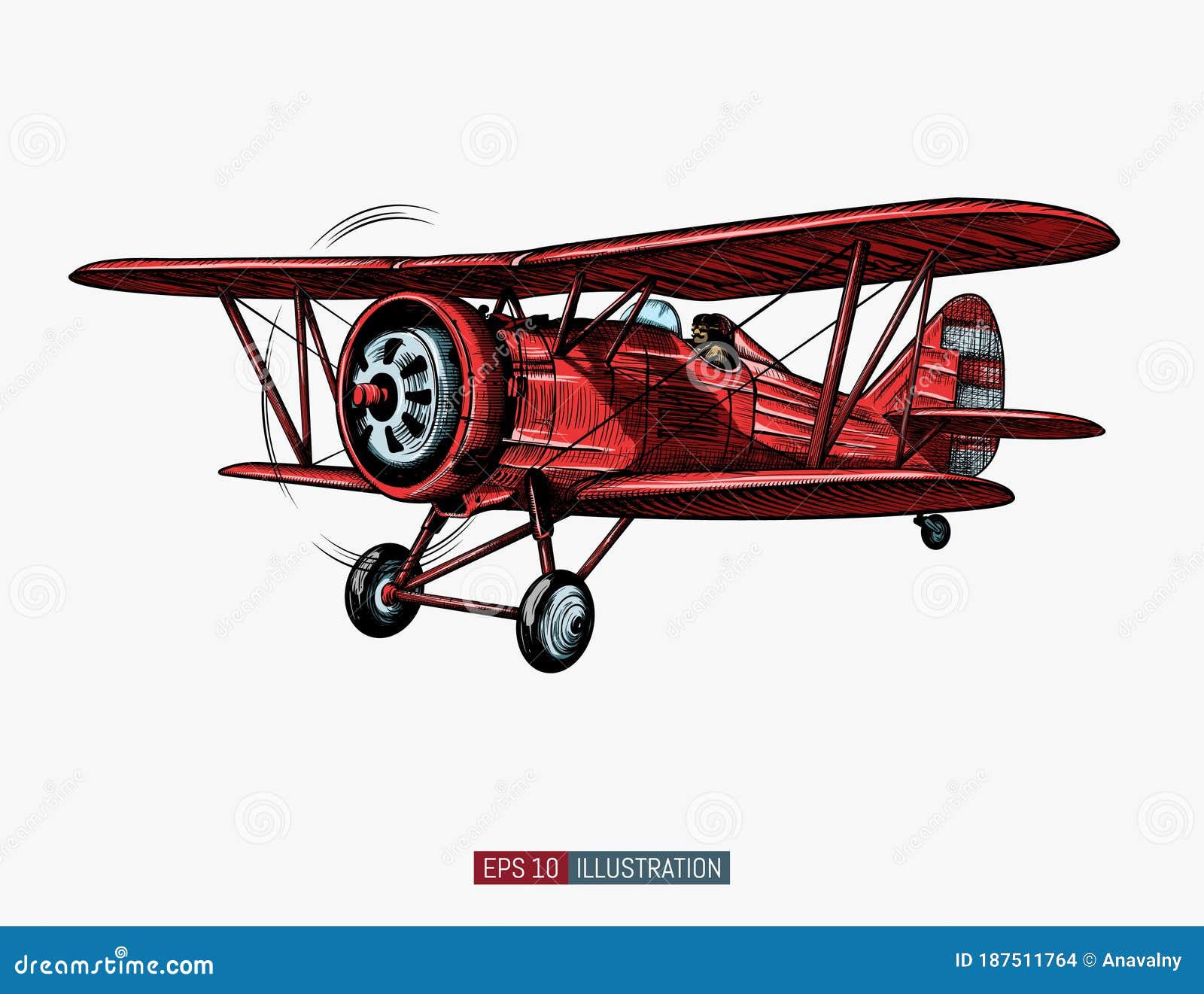 Vintage Airplane Monoplane Cartoon Retro Blue Colour. Vector Isolated ...