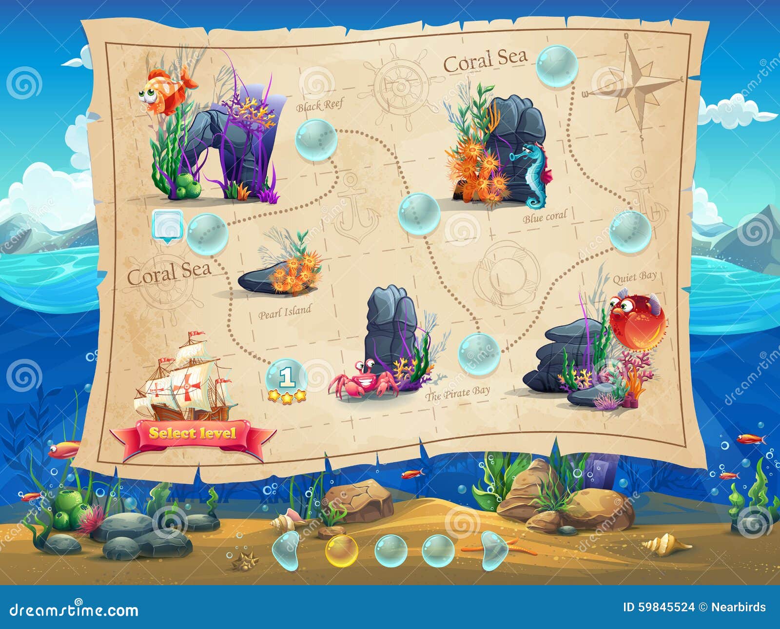 Fish World - Illustration Example Screen Levels, Game Interface Stock ...