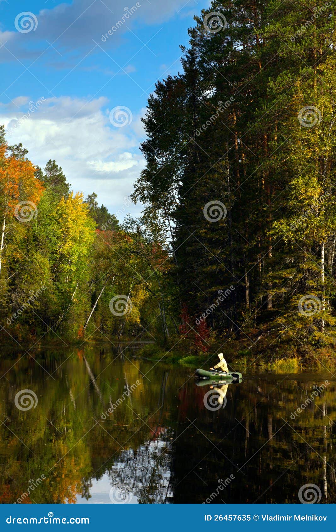 Fisher in Boat is on the Forest Lake in Autumn Stock Image - Image of ...
