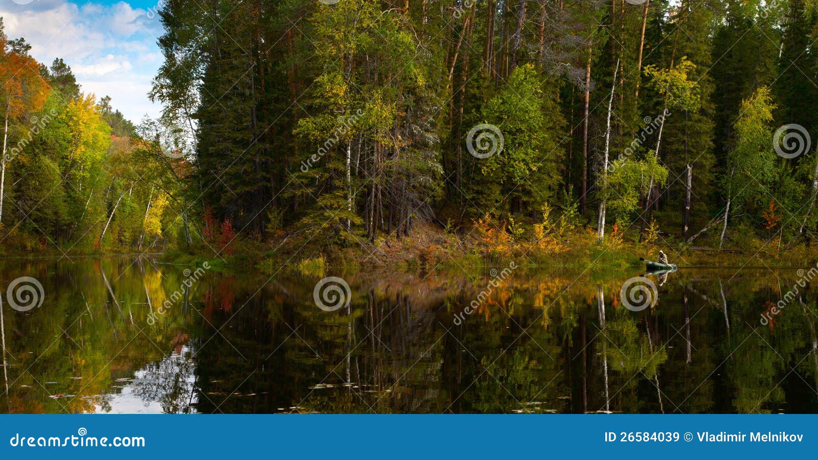 Fisher in Boat is on the Forest Lake in Autumn Stock Image - Image of ...