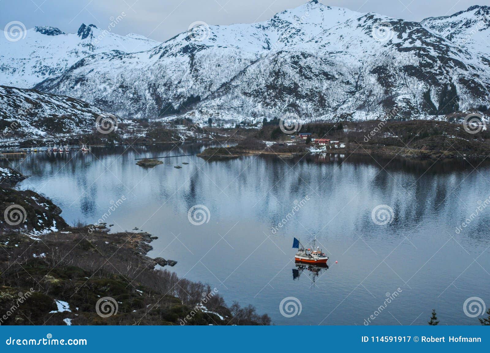 Calm Norwegian Setting with a Fisher Boat Heading Out Stock Image ... Calm Norwegian Setting with a Fisher Boat Heading Out Stock Image ...