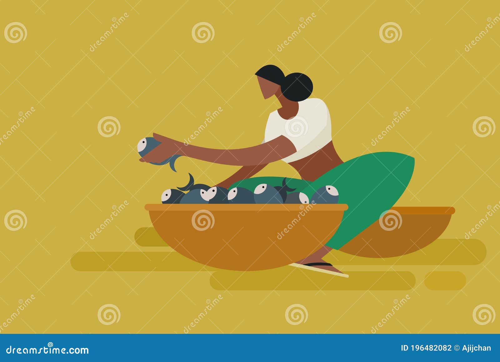 Traditionally Dressed Indian Woman Selling Fish Stock Vector ...
