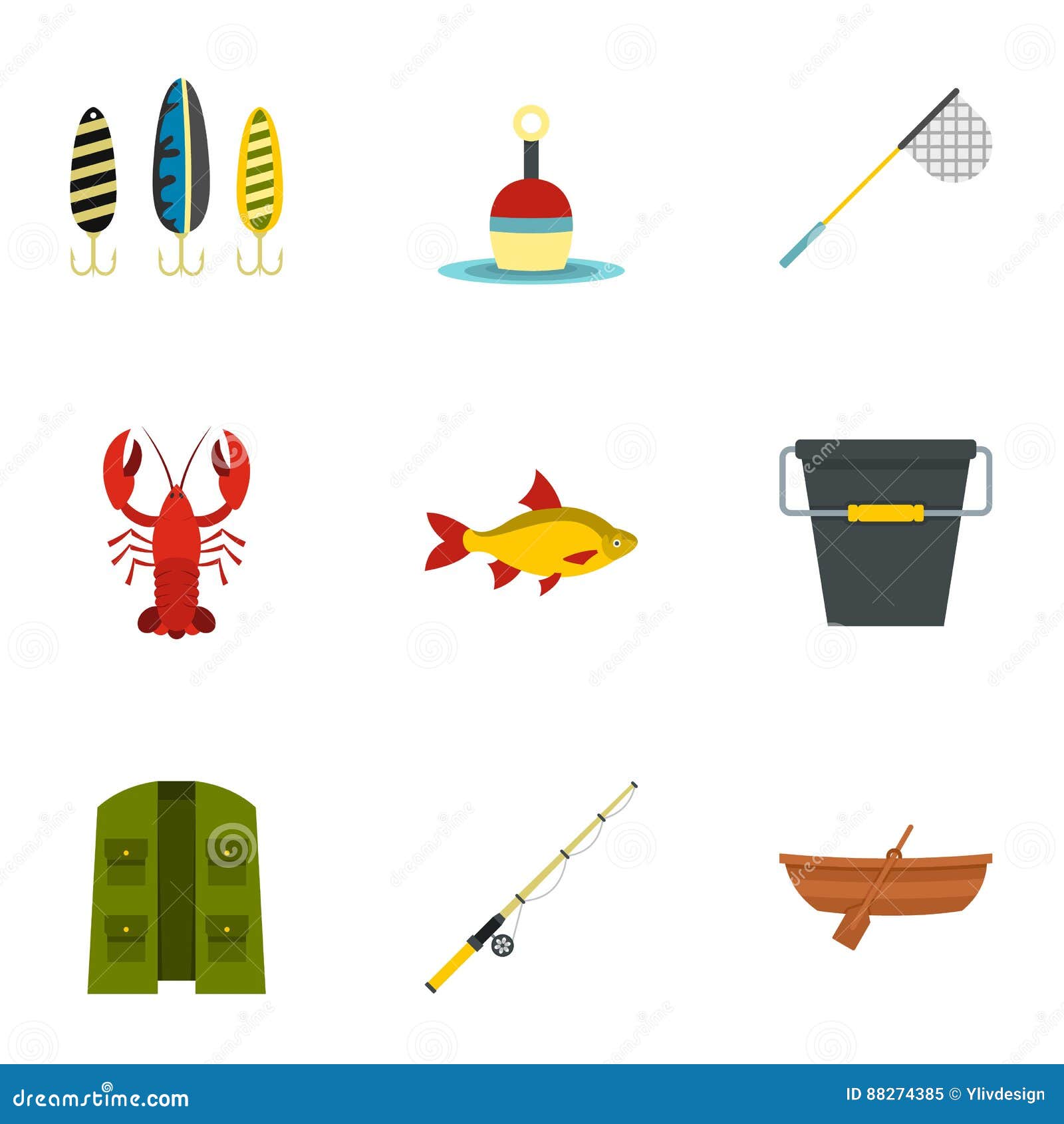 Fisheries Icons Set, Flat Style Stock Vector - Illustration of boat ...
