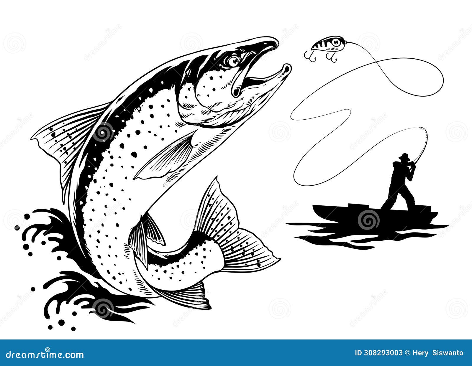 Fisherman Catch the Big Steelhead Trout Fish Stock Vector ...