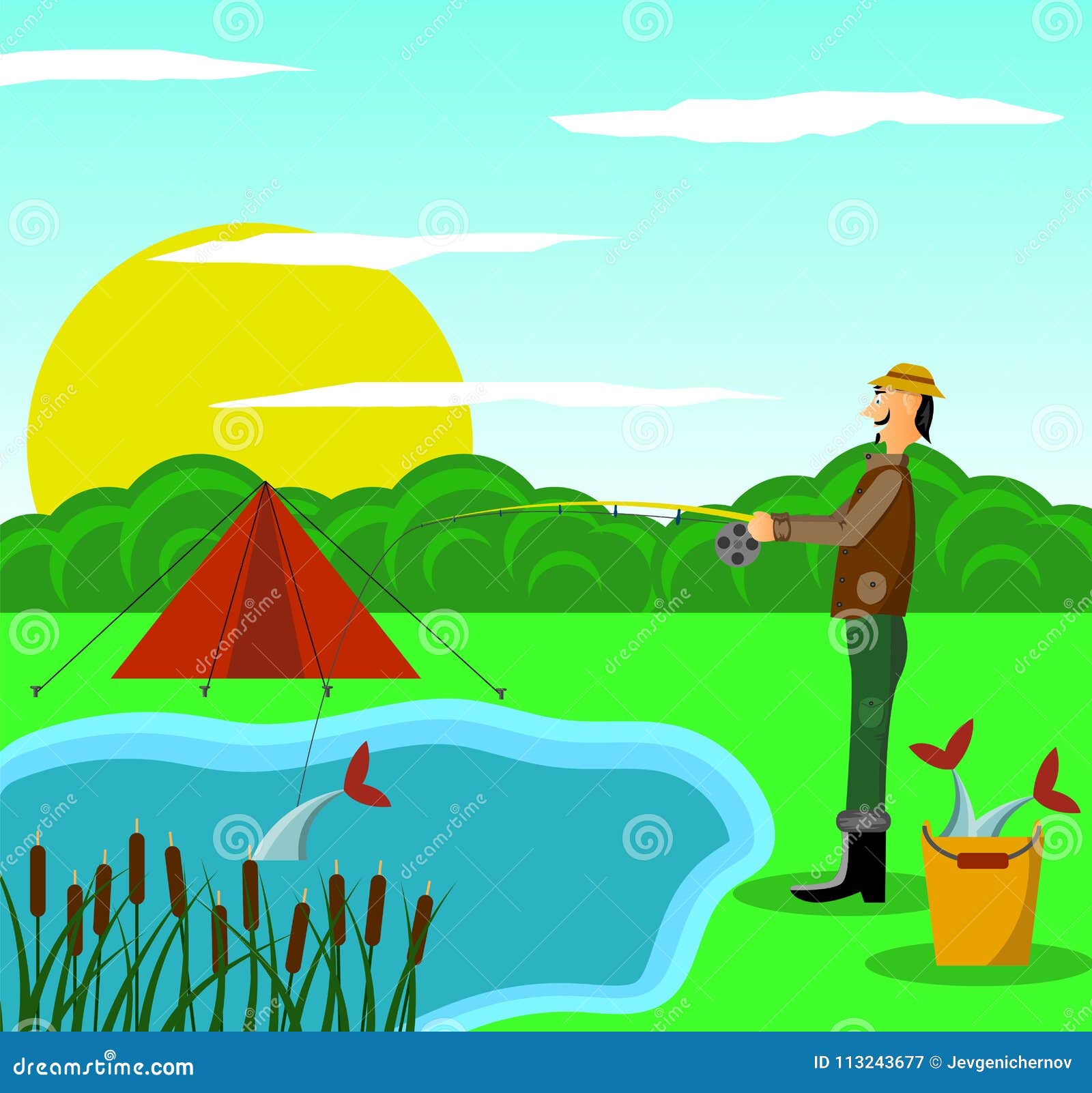 Fisherman with a Catch by the Pond Camping with Tent Stock Vector ...