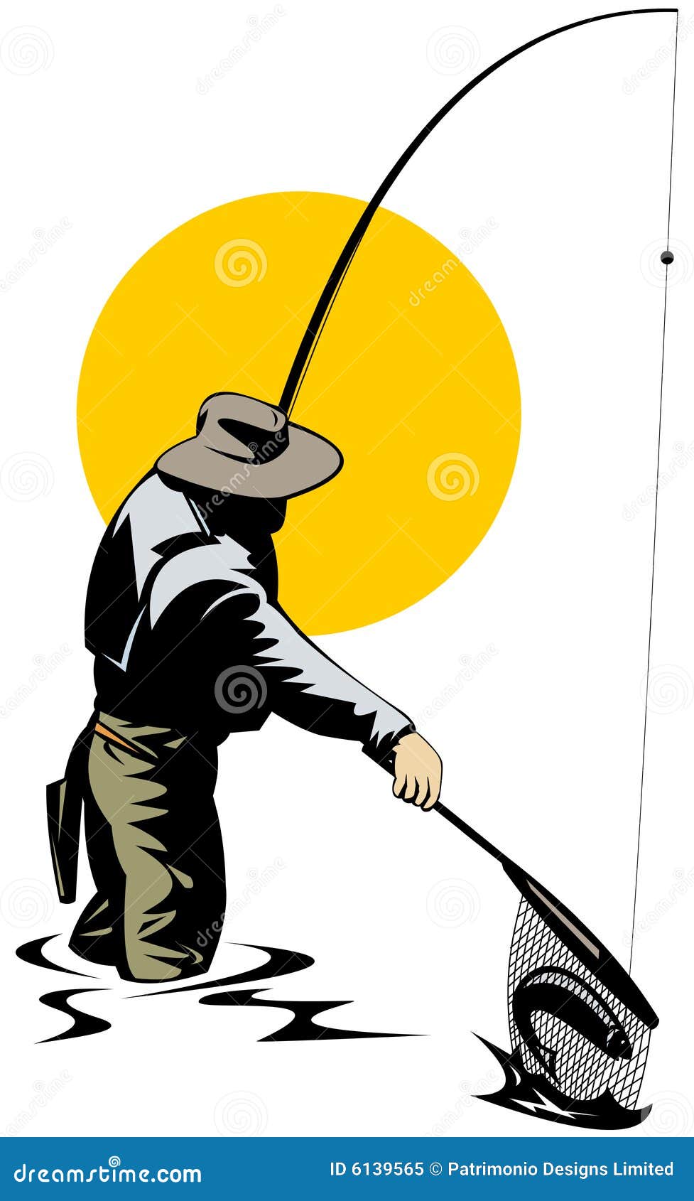 Fly Fisherman Catching Trout Fish Cartoon | CartoonDealer.com #35734091