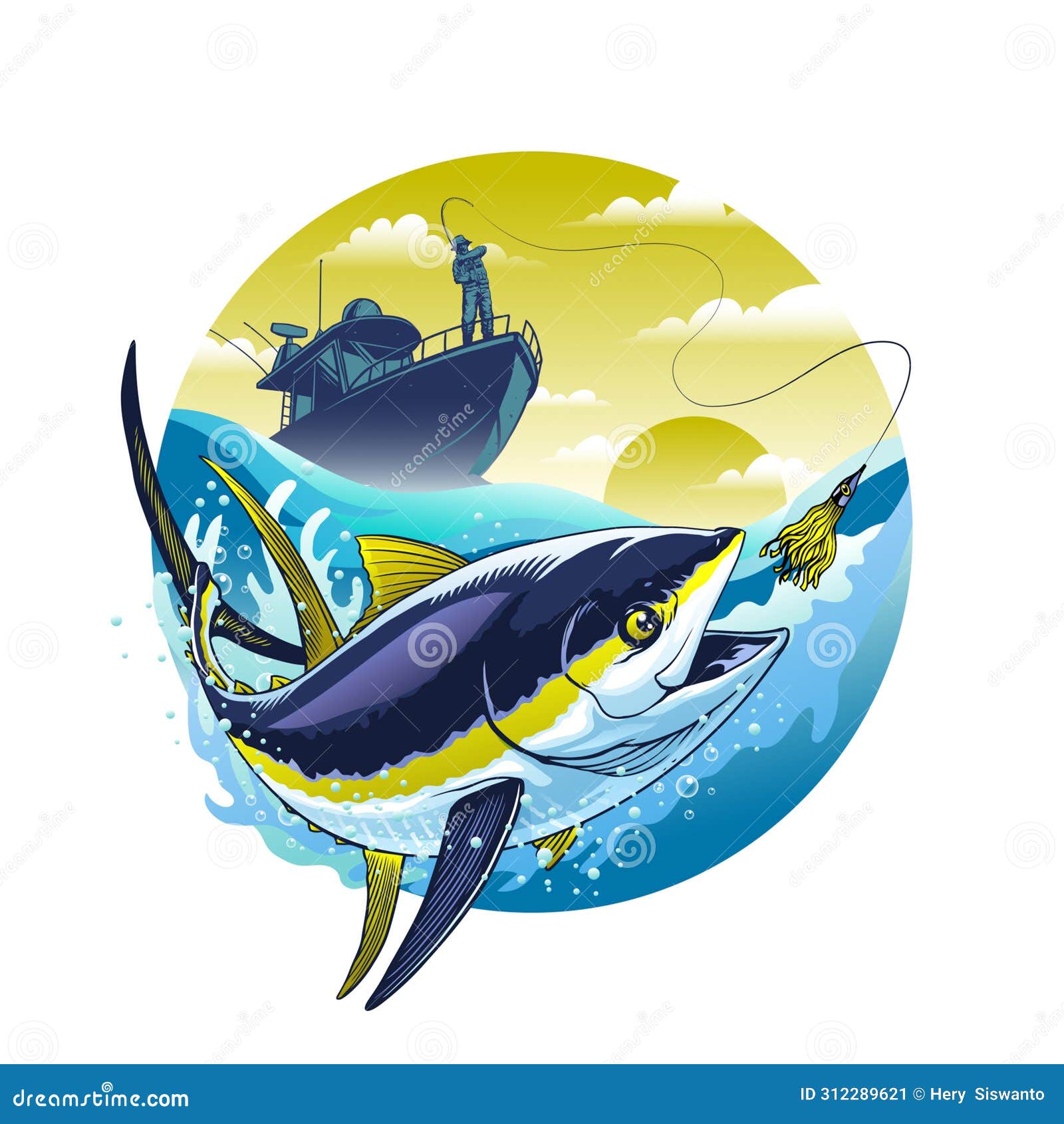 Fisherman Catching Yellowfin Tuna Fish Stock Vector - Illustration of ...