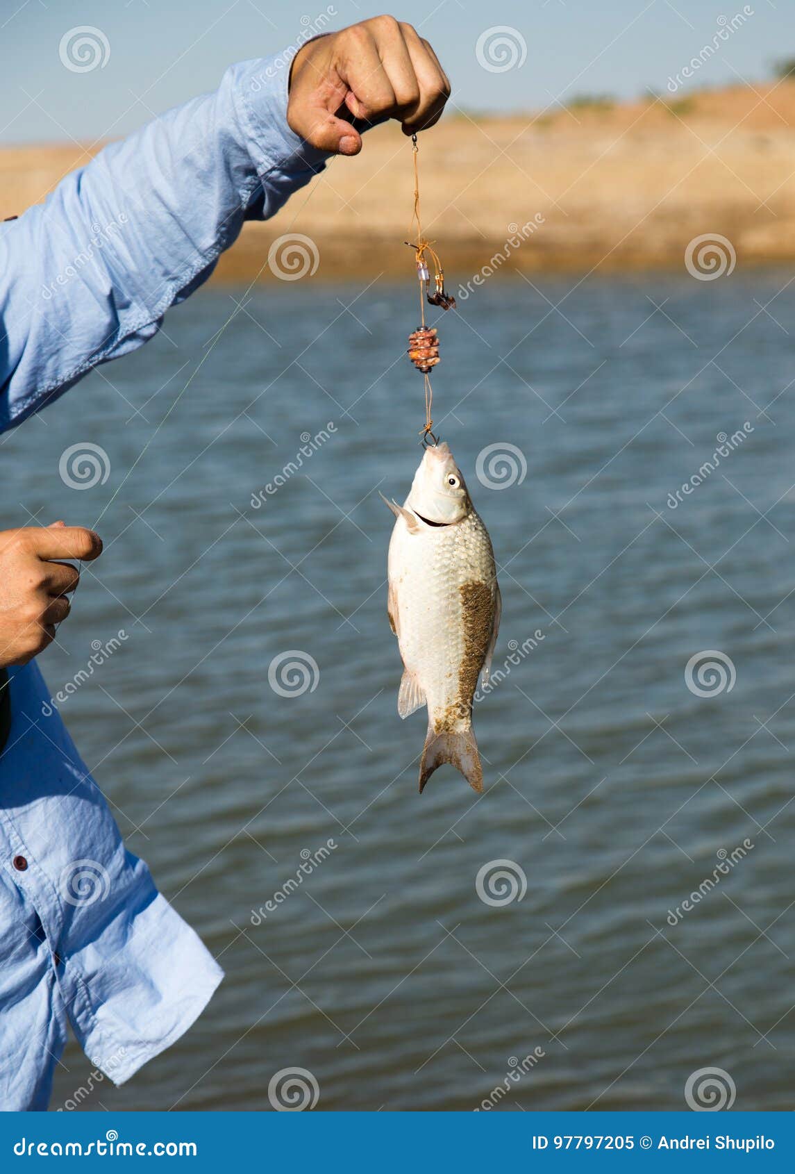 The Fisherman Caught the Fish on a Fishing Pole Stock Image - Image of ...