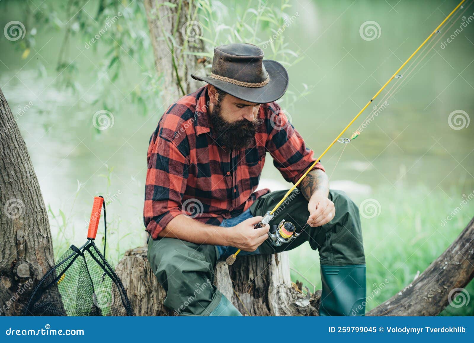 Fisherman Caught a Fish. Man Fishing on River. Stock Image - Image of ...