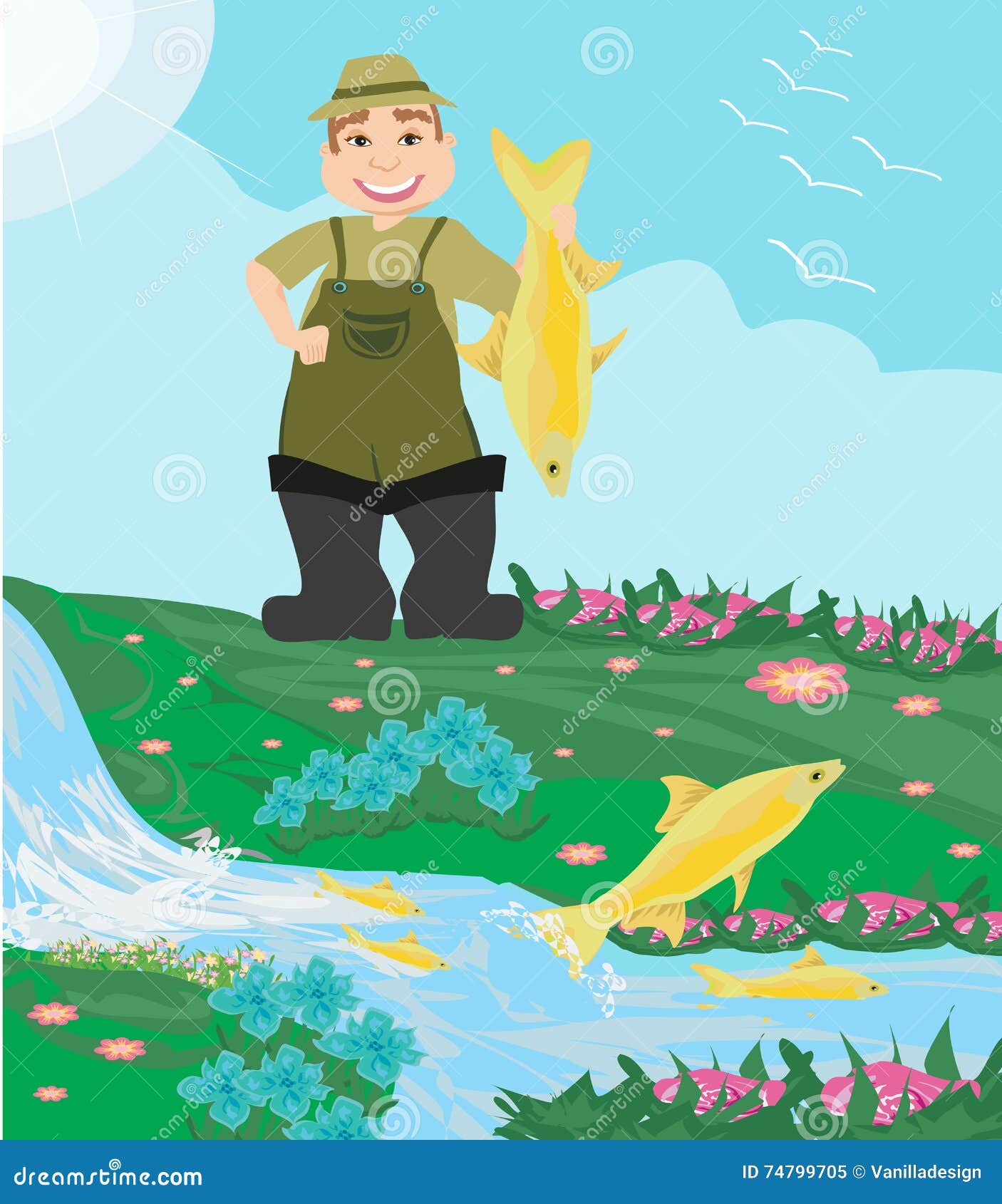 Fisherman caught a fish. stock vector. Illustration of cartoon - 74799705