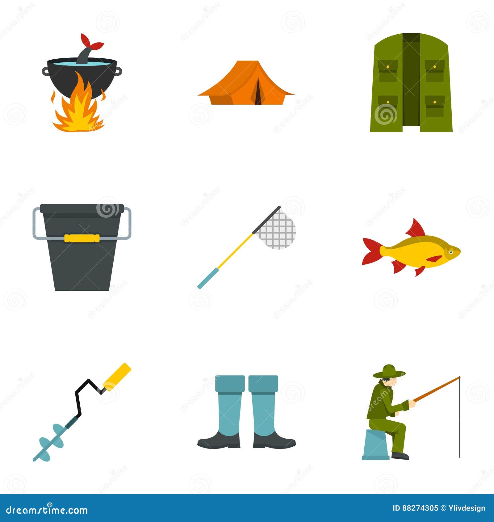 Fisherman Equipment Icons Set, Flat Style Stock Vector - Illustration ...