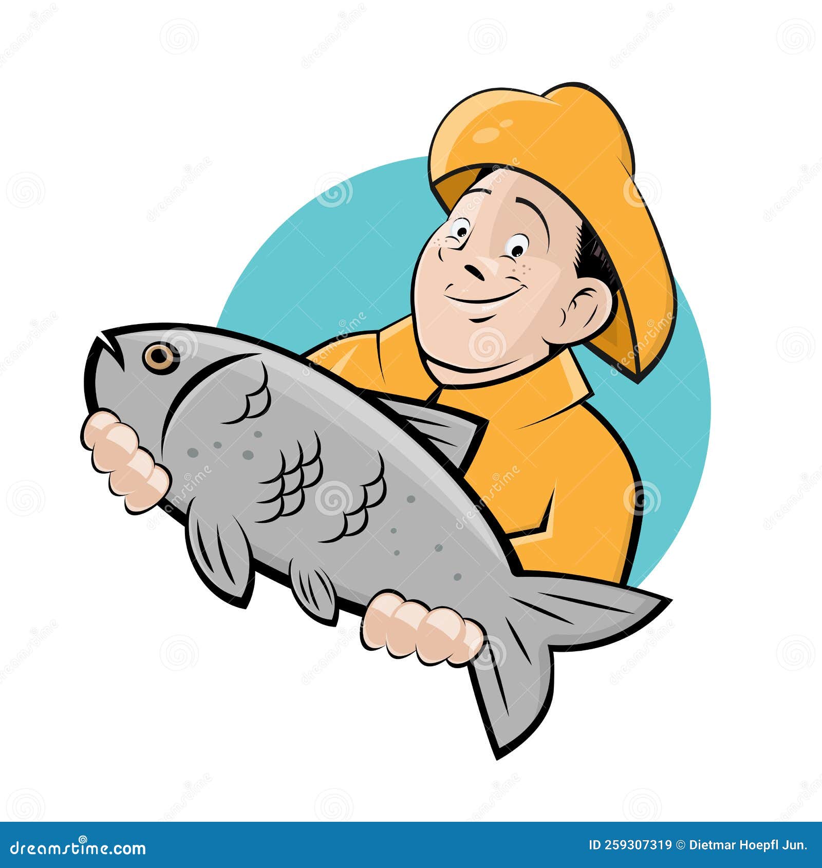 Cartoon Illustration of a Funny Fisherman Holding a Fish Stock Vector ...