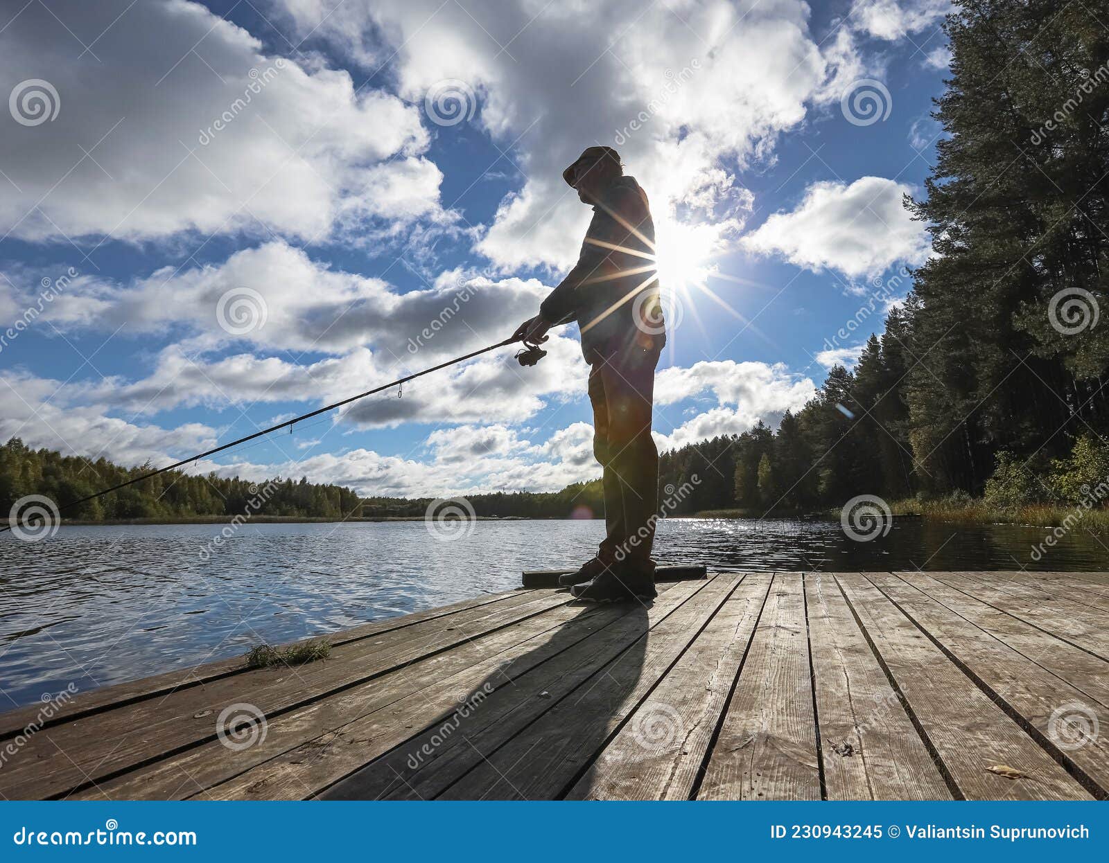 Fisherman Fishing Alone with Rod and Sun Stock Image - Image of male ...