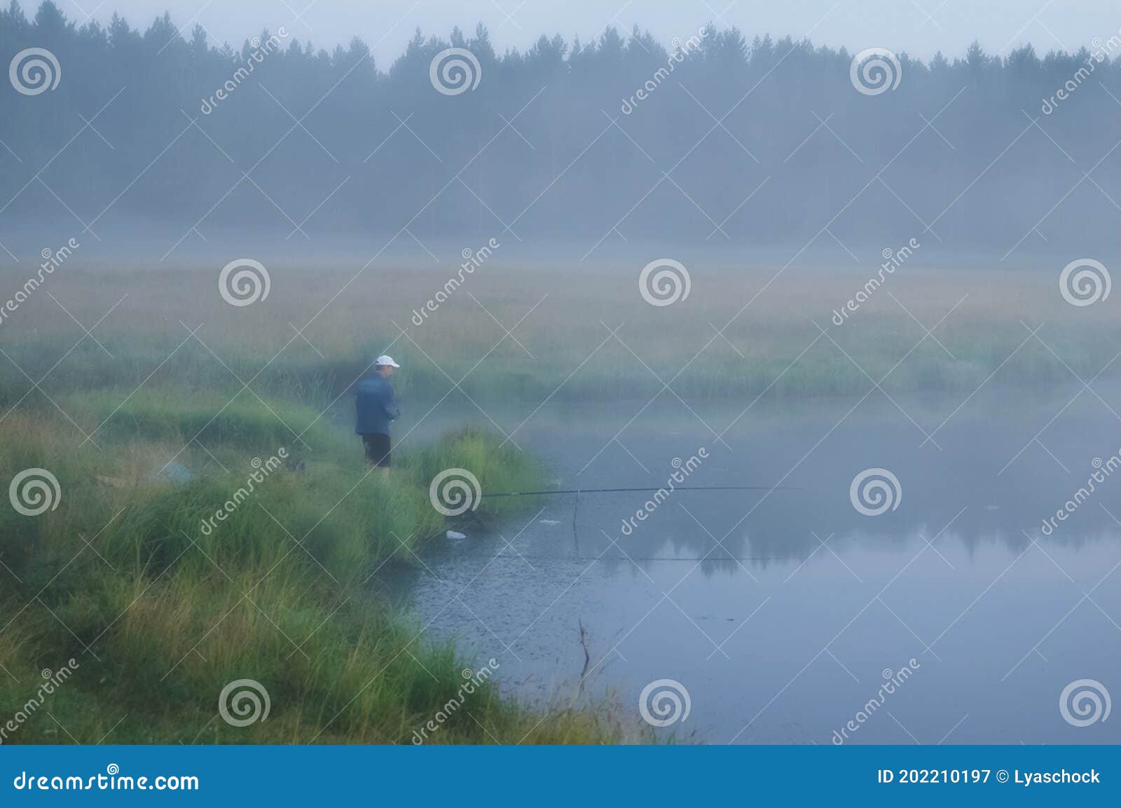 Fisherman in the Fog Catches Fish on the Pond Stock Image - Image of ...