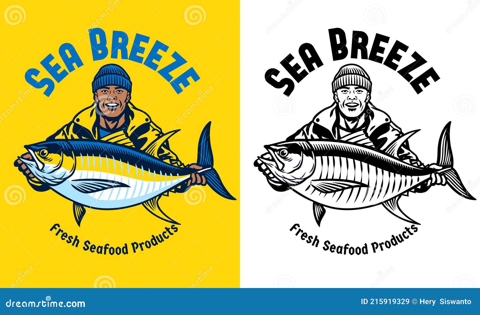 Fisherman With Yellowfin Tuna Fish Badge Logo Vector Illustration ...