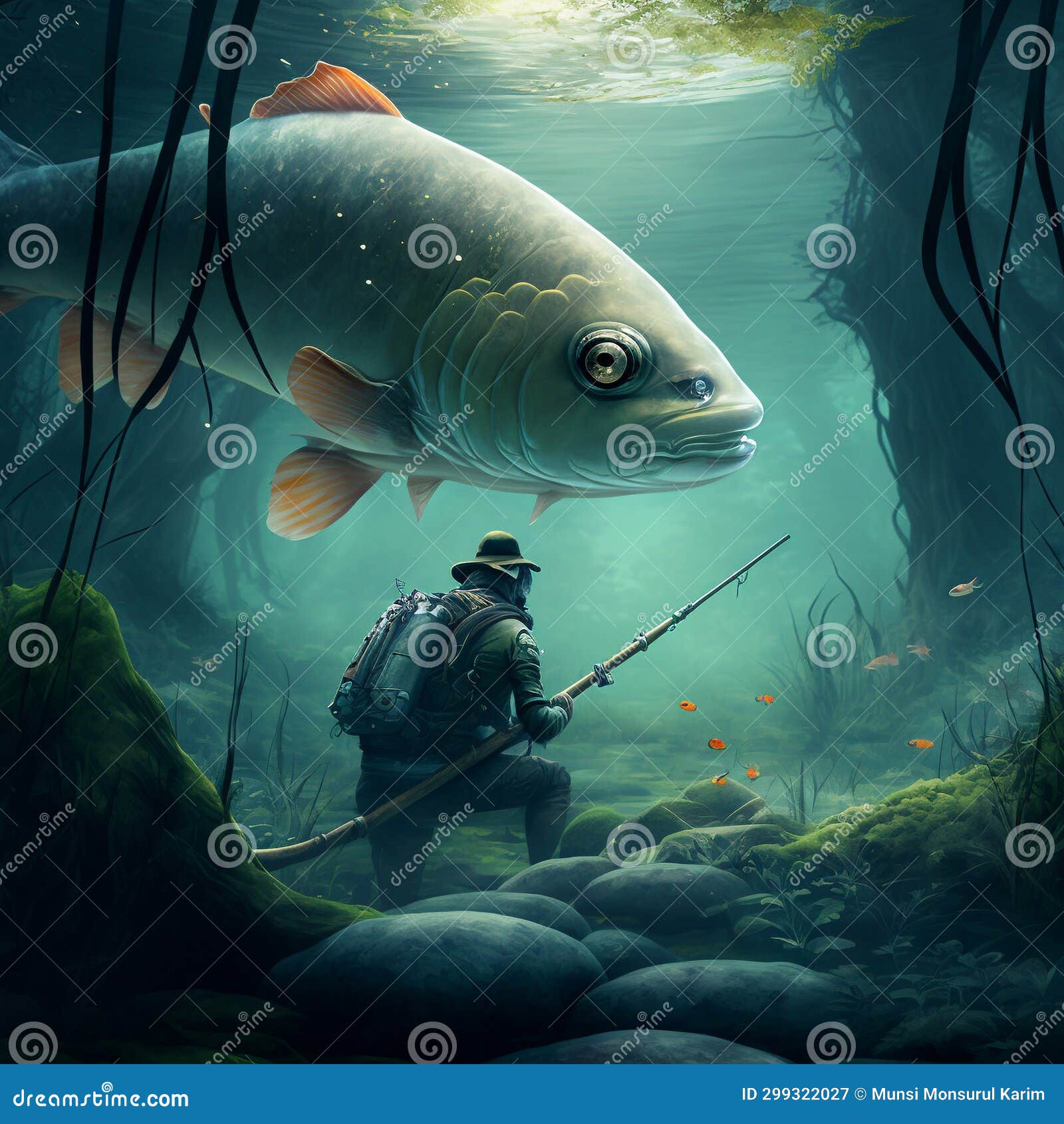 Fisherman Hunt Fish Underwater Stock Illustration - Illustration of ...