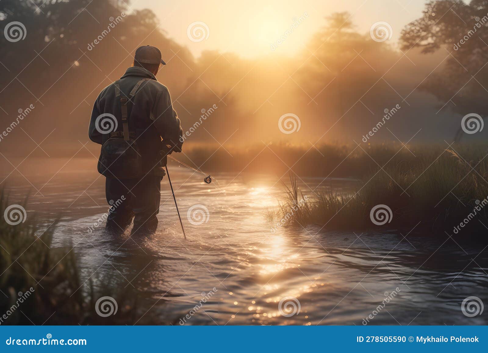Fisherman by the Lake at Dawn. Neural Network AI Generated Stock ...