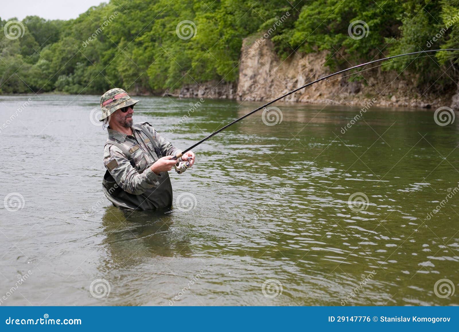 Fisherman Pulls Caught Salmon Stock Photo - Image of outside, cheerful ...
