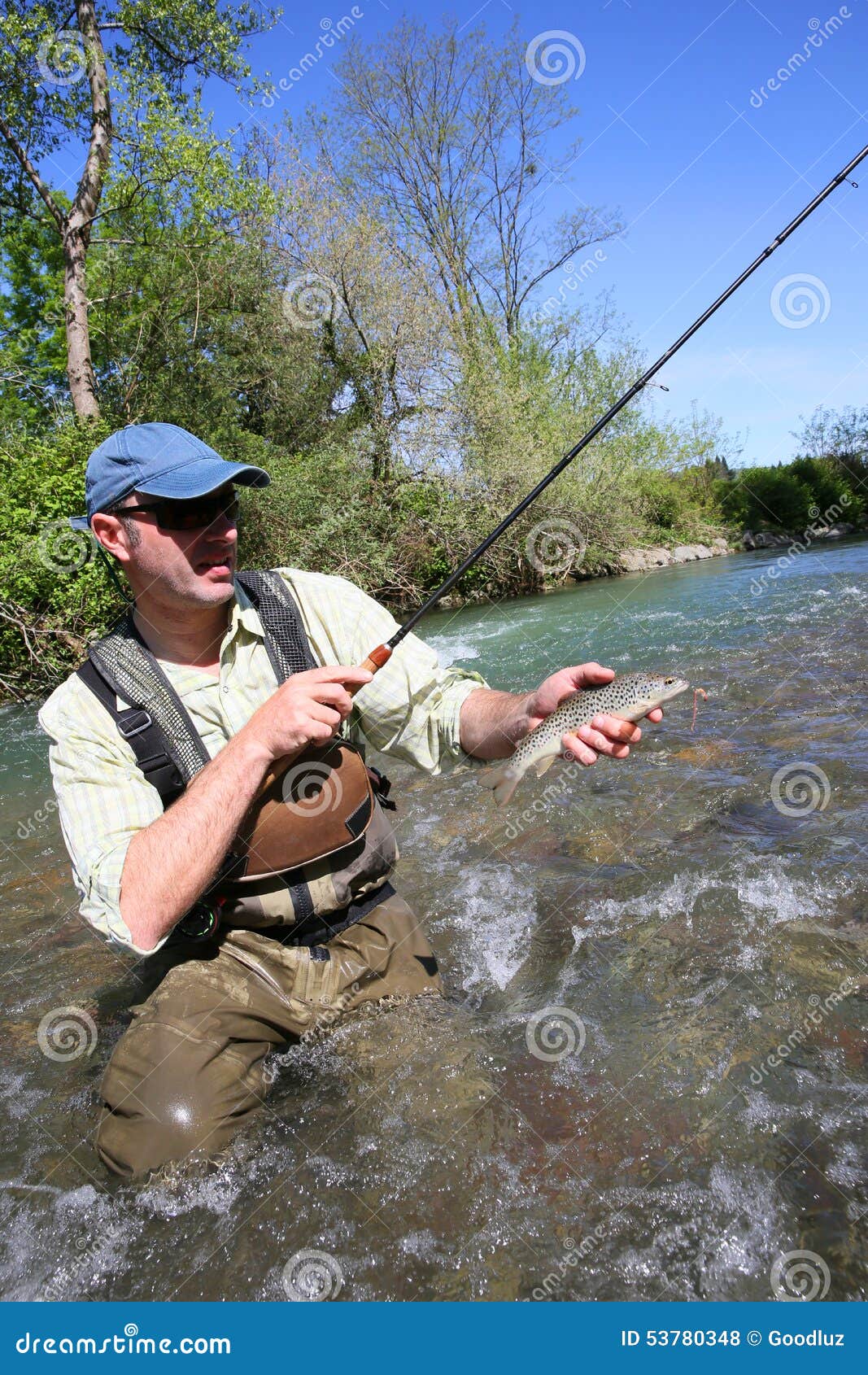 Fisherman in River Catching Trout Stock Photo - Image of person, trout ...