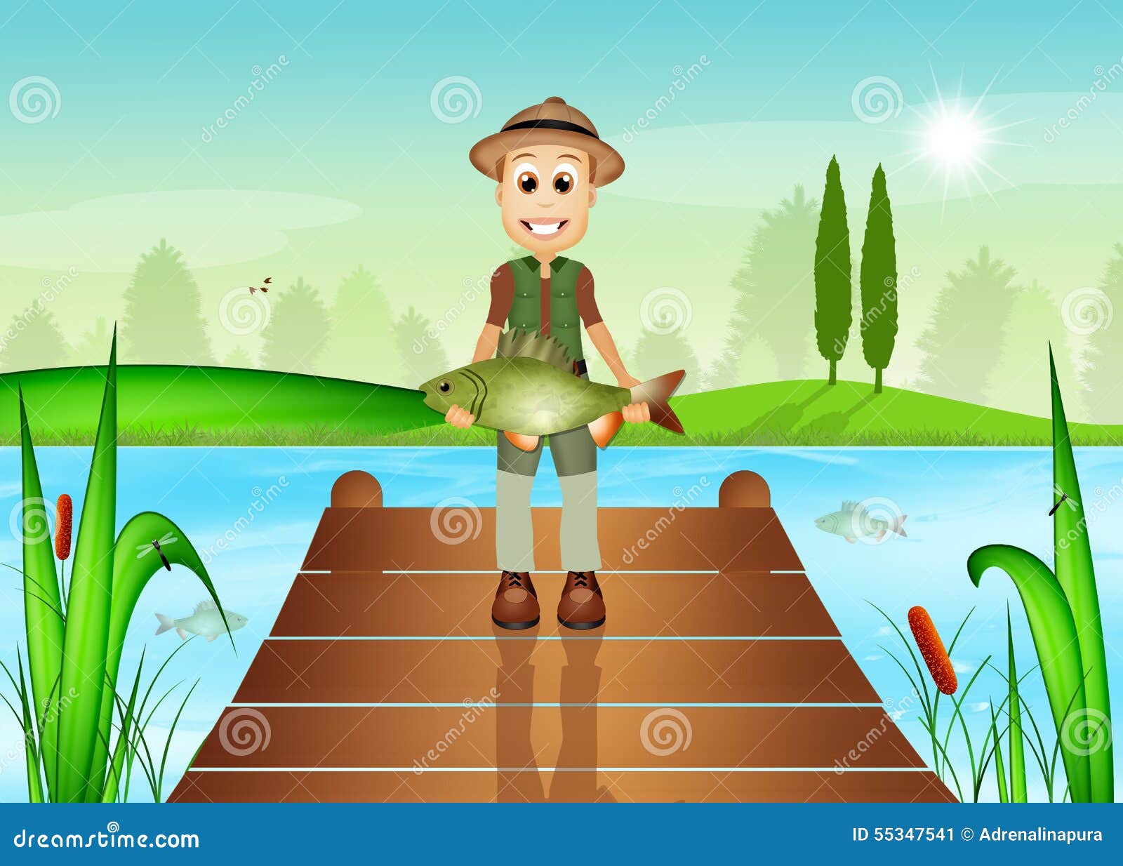 Fisherman on river stock illustration. Illustration of camping - 55347541