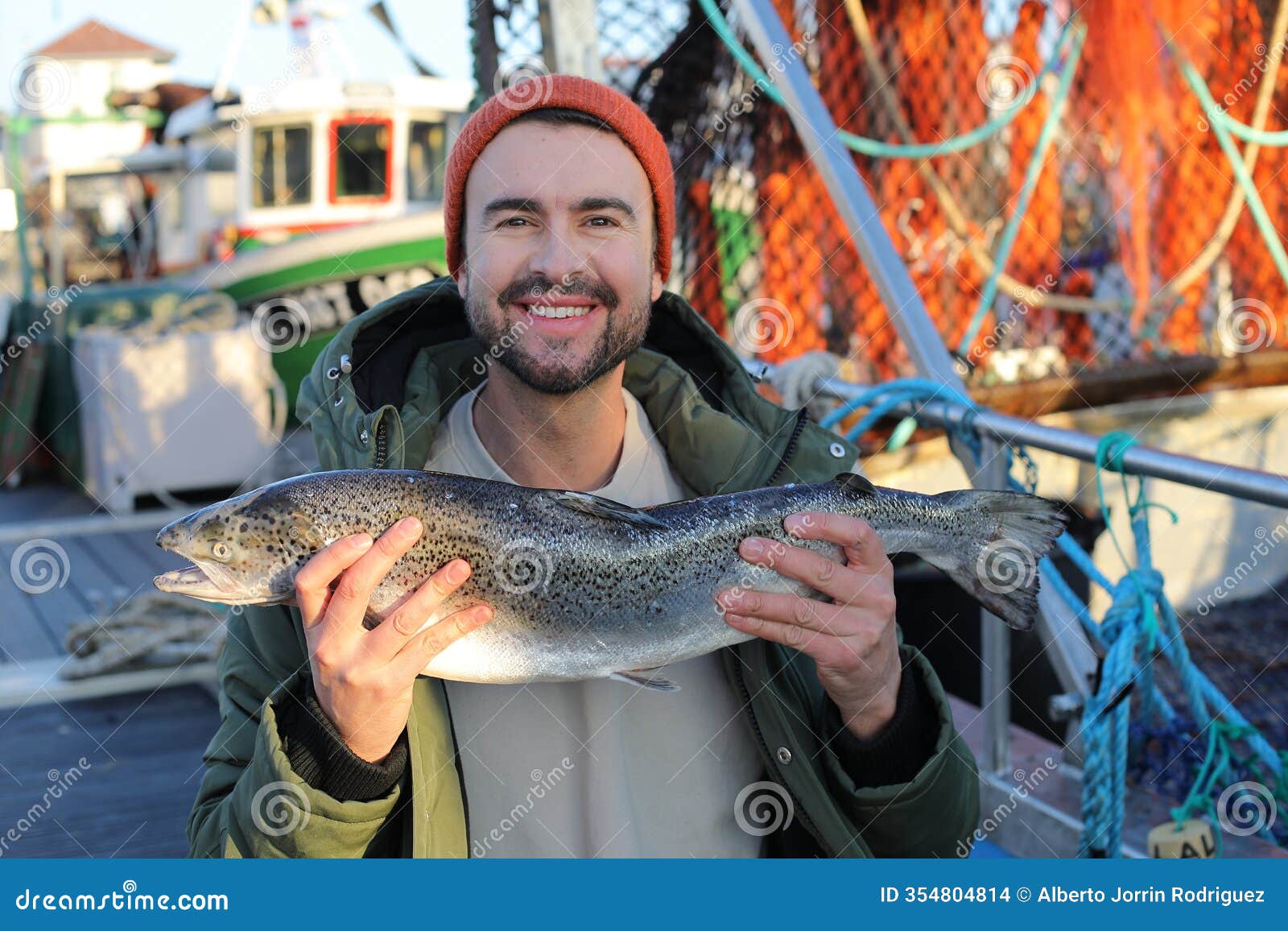 Fisherman Showing a Beautiful Salmon Stock Photo - Image of boat ...