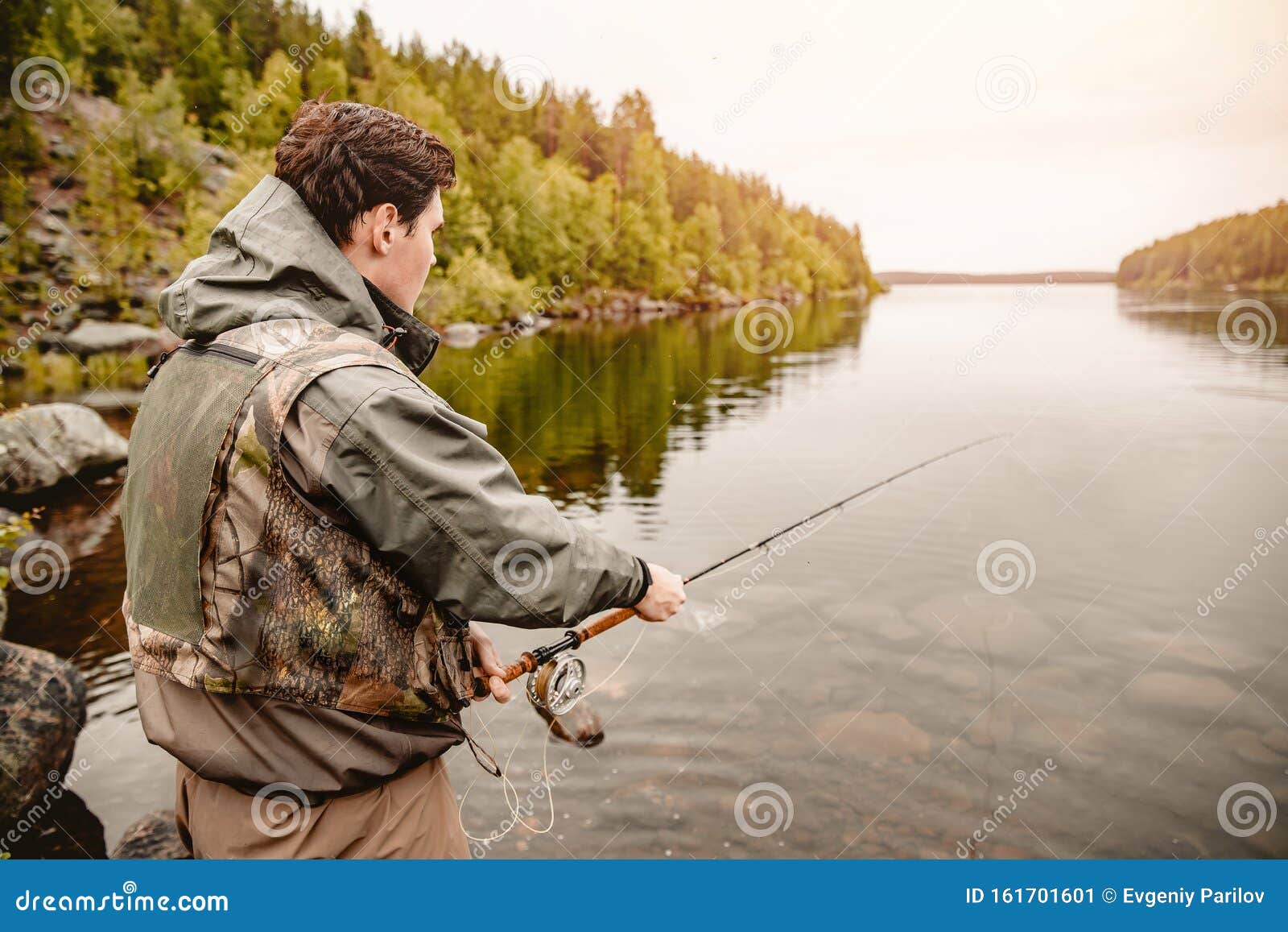 Fisherman Spool of Rope Using Rod Fly Fishing in River Stock Image ...