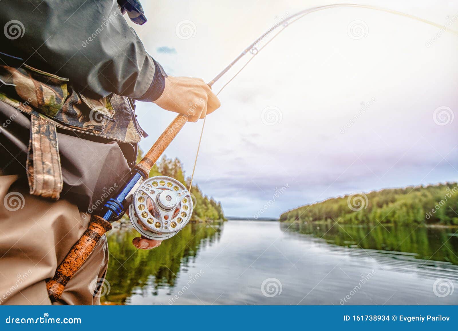 Fisherman Spool of Rope Using Rod Fly Fishing in River Stock Photo ...