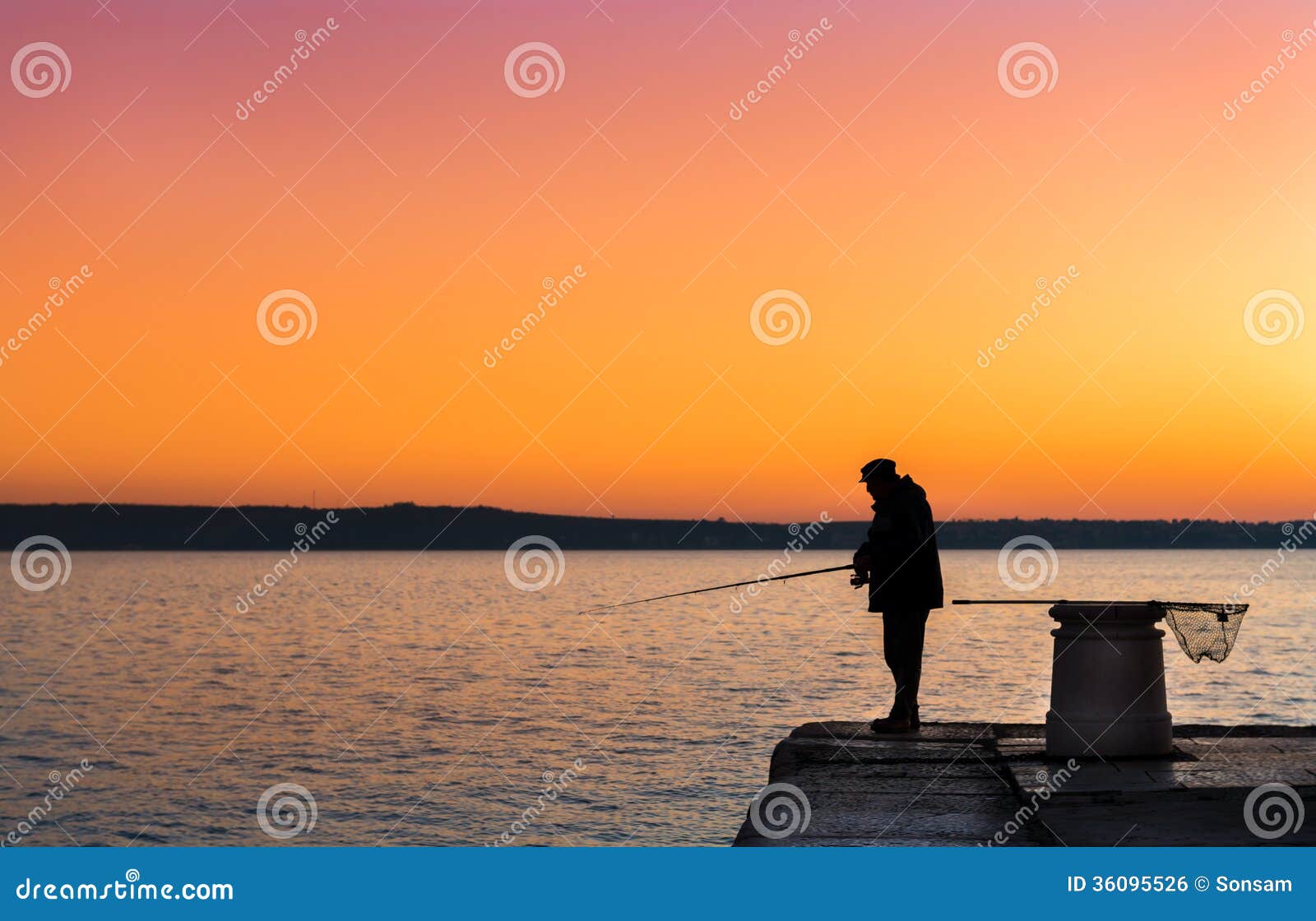 Fisherman on sunset stock photo. Image of silhouette - 36095526