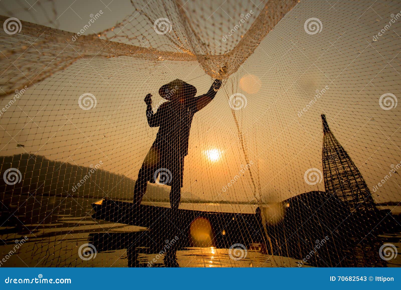 Fisherman Throwing Fishing Net Stock Image - Image of relaxation, cloud ...