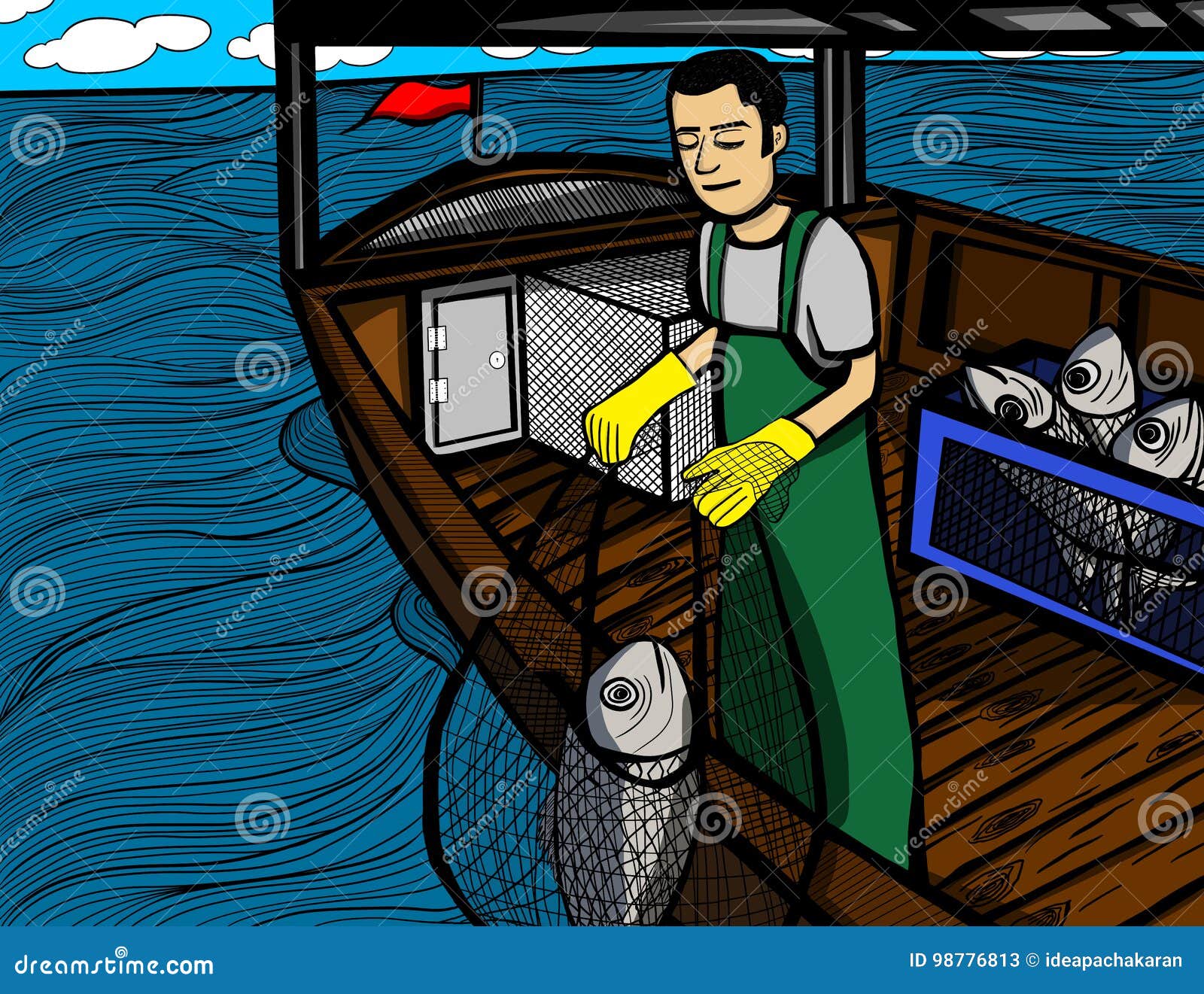 Fisherman at work stock illustration. Illustration of fish - 98776813
