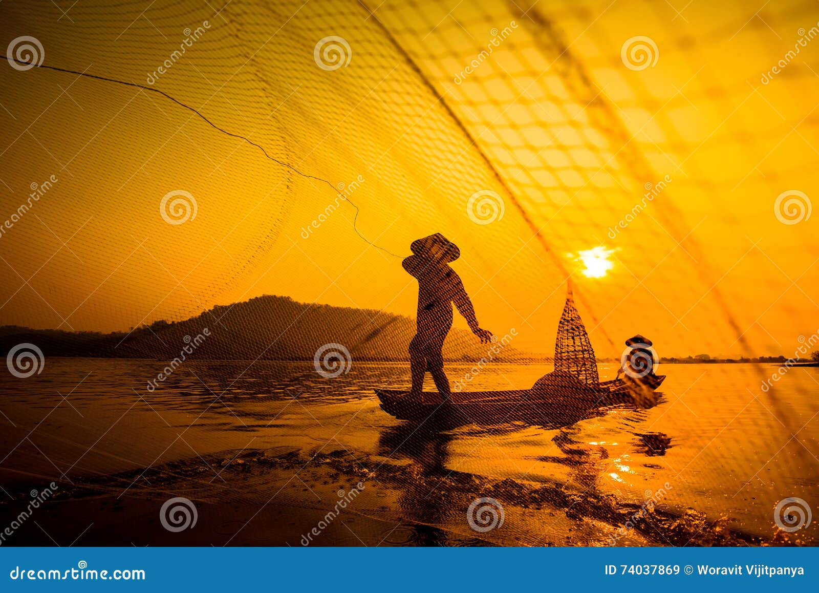 Fishermen Casting Net from Boat at Sunrise Stock Image - Image of ...