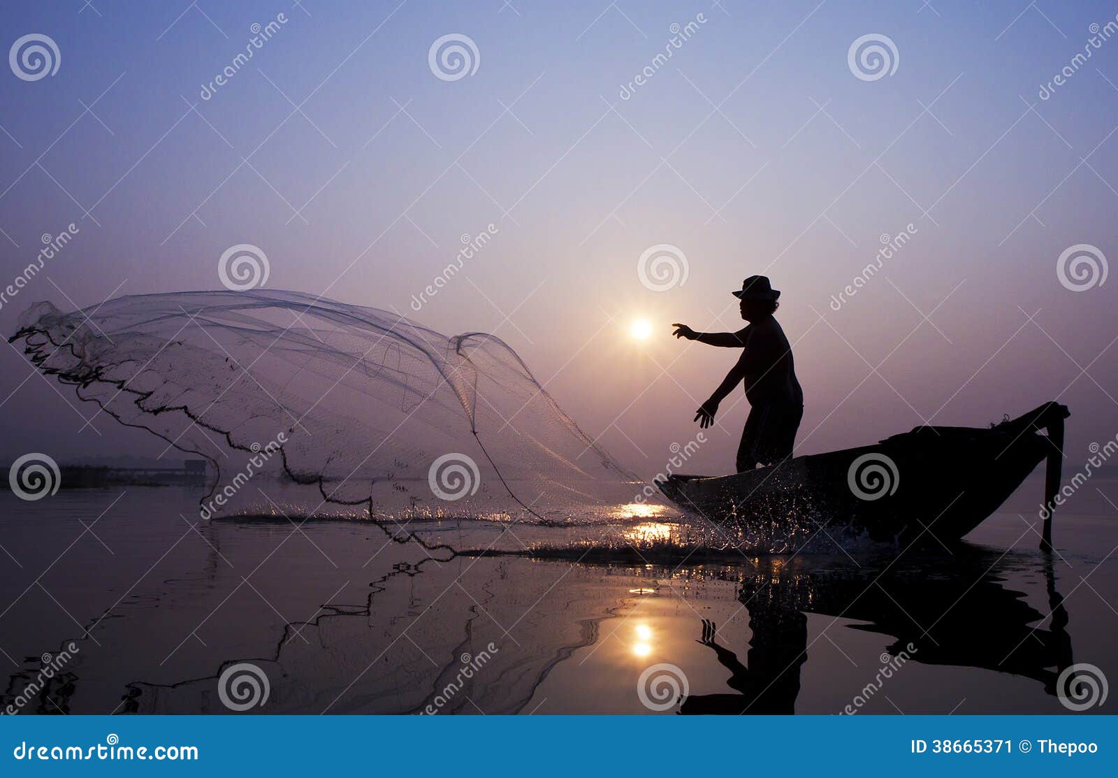 Fishermen are Catching Fish with a Cast Net. Stock Image - Image of ...