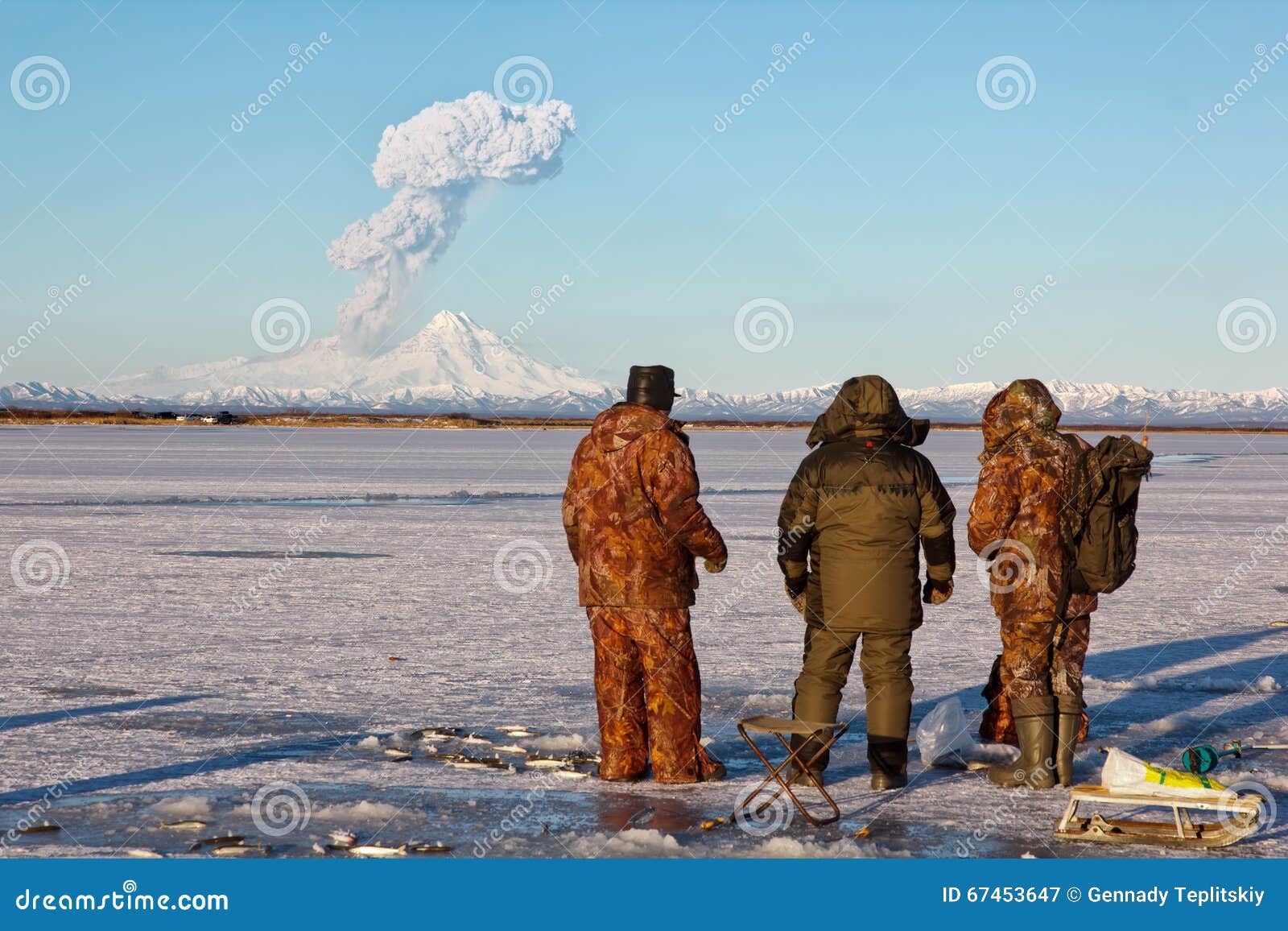 Fishermen Observe the Eruption of the Volcano Sheveluch. Editorial ...