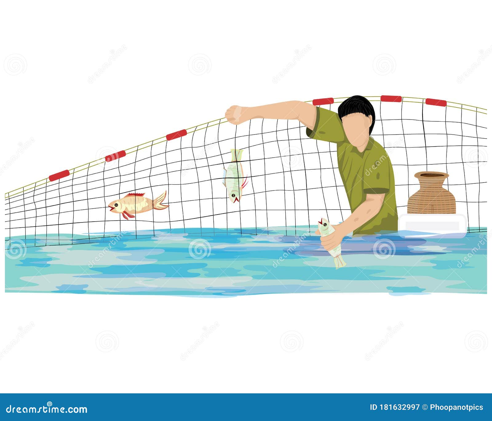 Fishermen Trap Fish with Nets Stock Vector - Illustration of jump ...