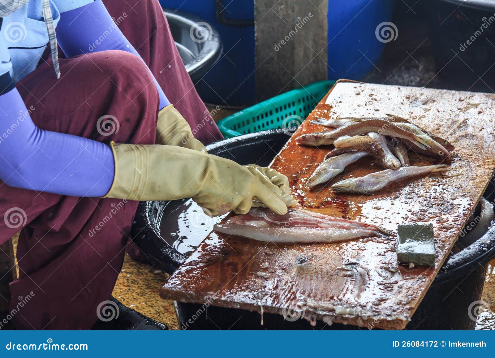 Fisherwoman Cutting Up and Cleaning the Fish Stock Photo - Image of ...