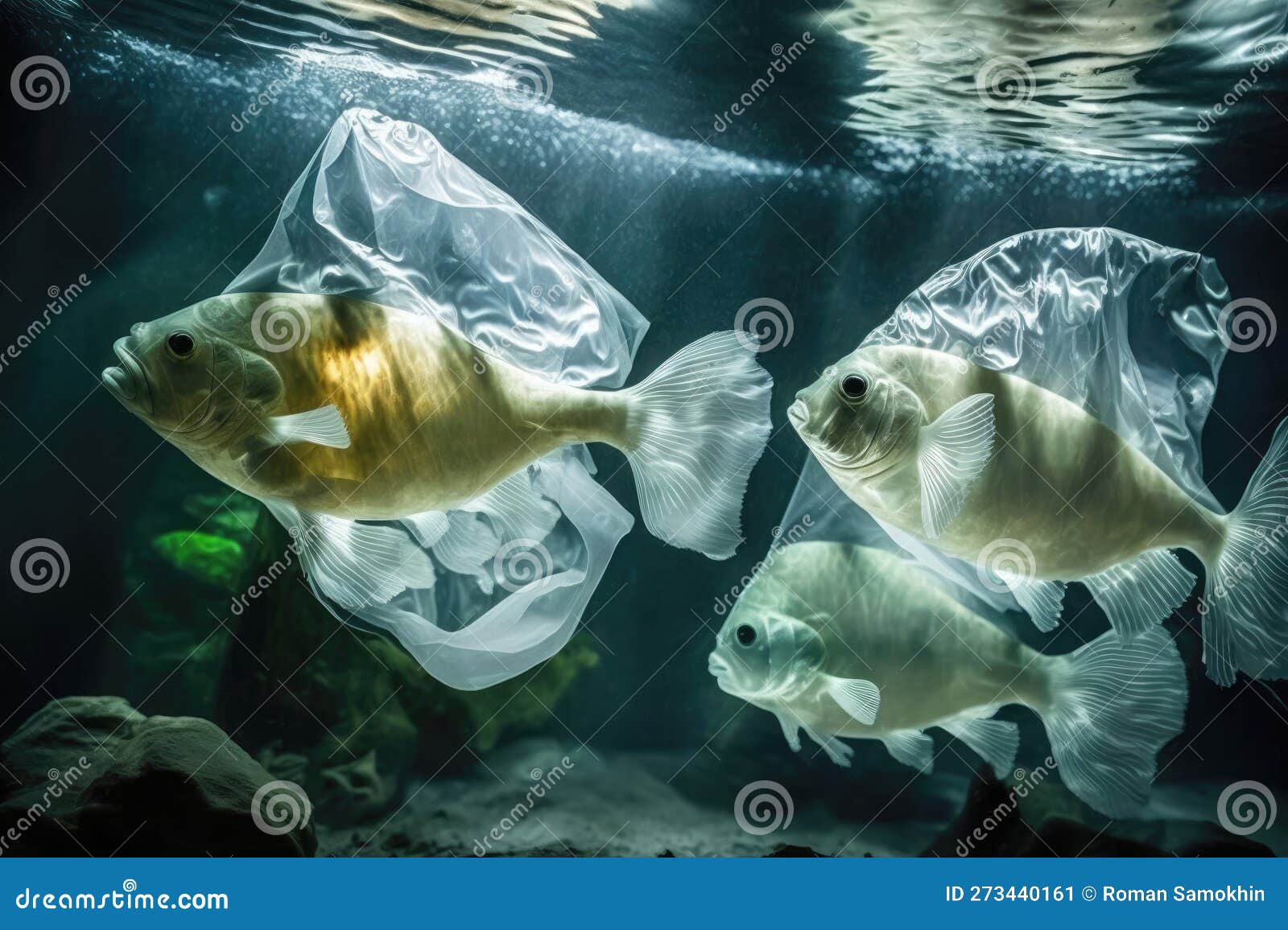 Fishes in Plastic Bag. Massive Plastic Pollution Underwater Concept ...