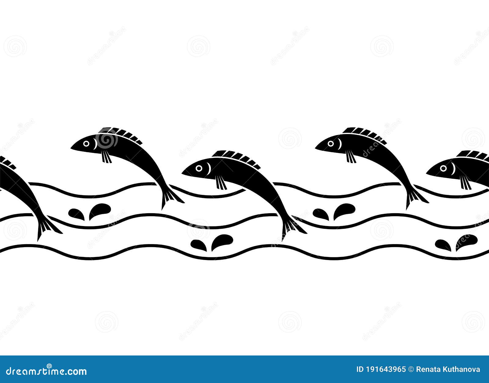 Fishes and waves border stock illustration. Illustration of silhouette ...