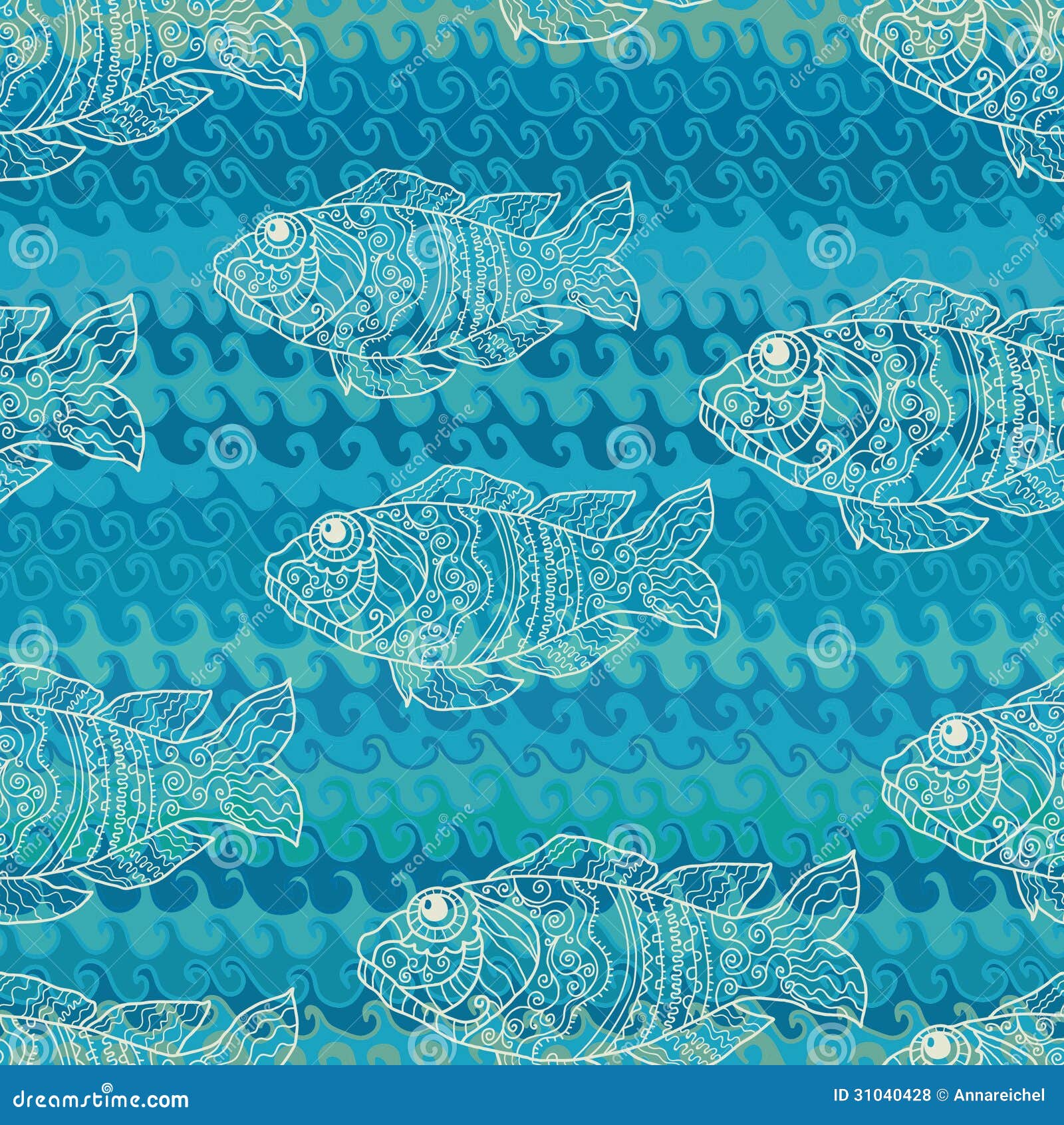 Fishes and Waves Seamless Pattern Stock Vector - Illustration of ...