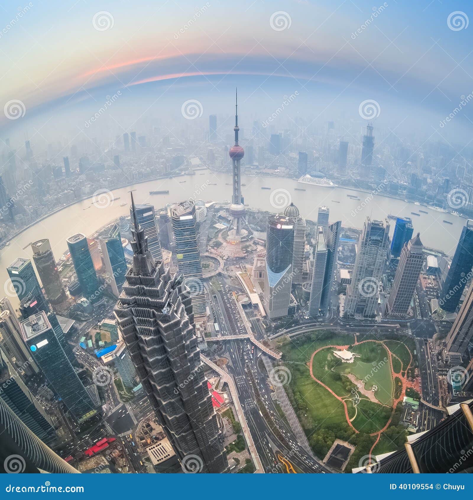 Fisheye View of Shanghai at Dusk Stock Photo - Image of china, office ...