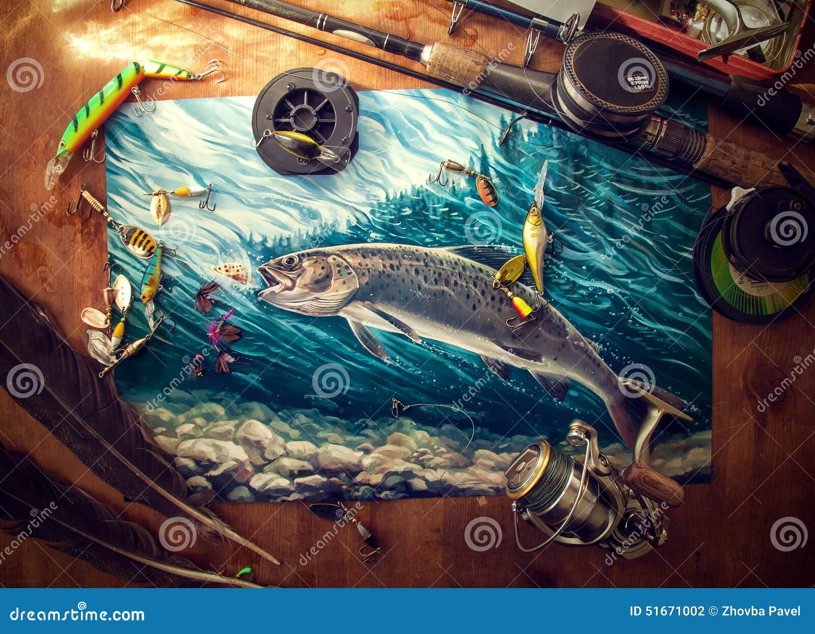Fishing Accessories on Table Stock Illustration - Illustration of ...