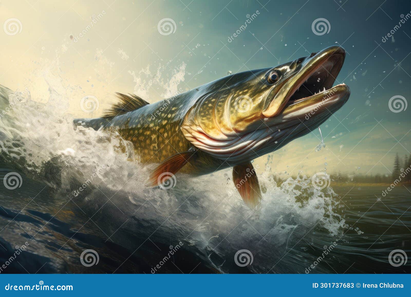 Fishing. Big Pike Fish Jumping with Splashing in Water Stock ...