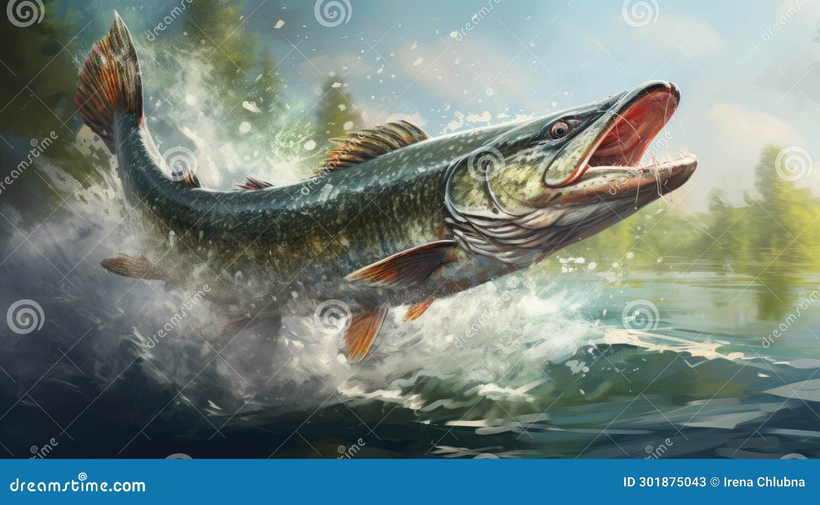 Fishing. Big Pike Fish Jumping with Splashing in Water Stock ...