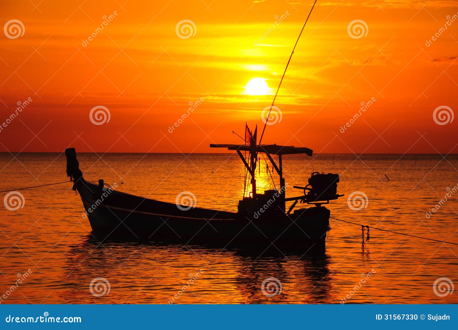 Fishing Boat at Beach and Sunset Stock Photo - Image of morning ...