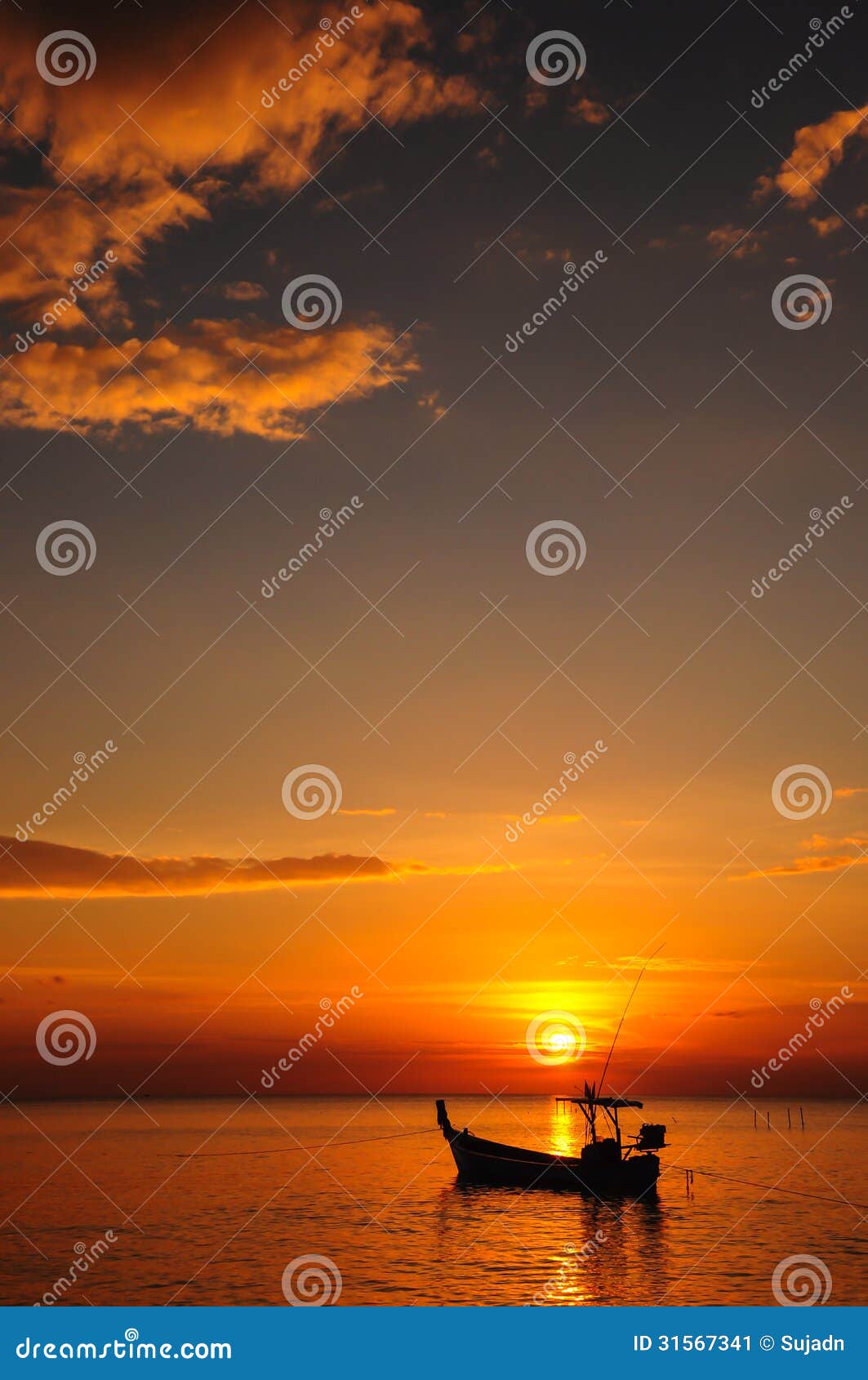 Fishing Boat at Beach and Sunset Stock Image - Image of island, orange ...