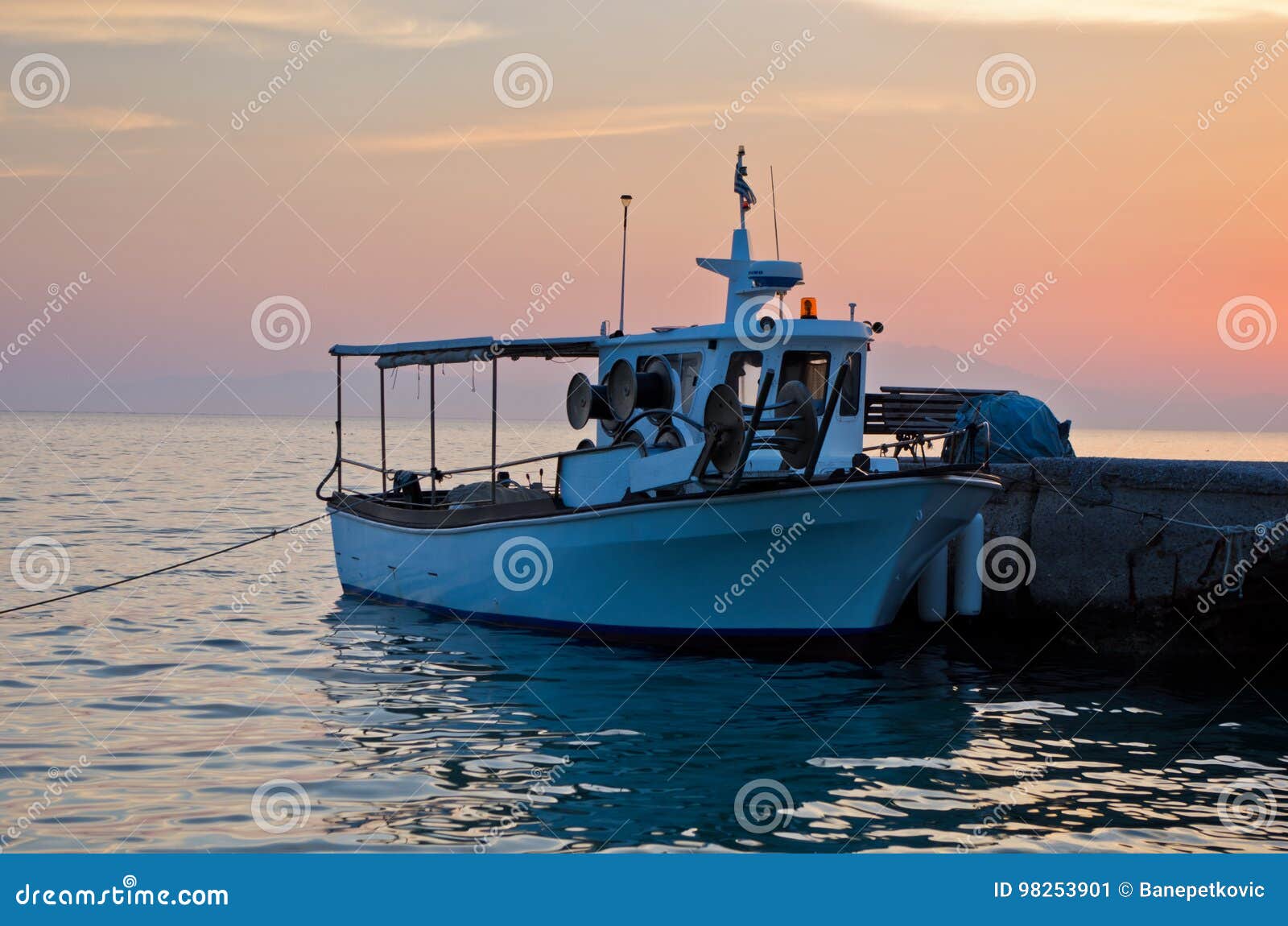 Fishing Boat in Dock at Sunset Stock Image - Image of peaceful, season ...