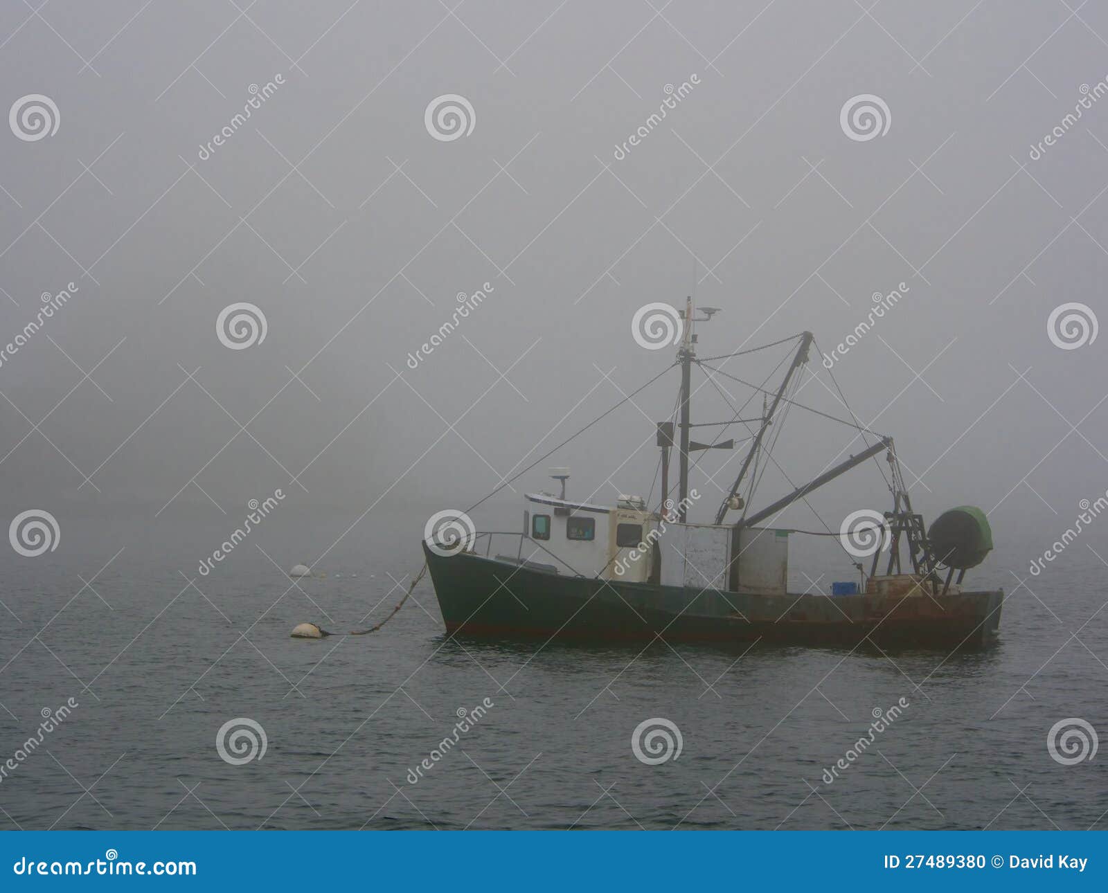 Fishing boat in fog stock photo. Image of trawler, green - 27489380