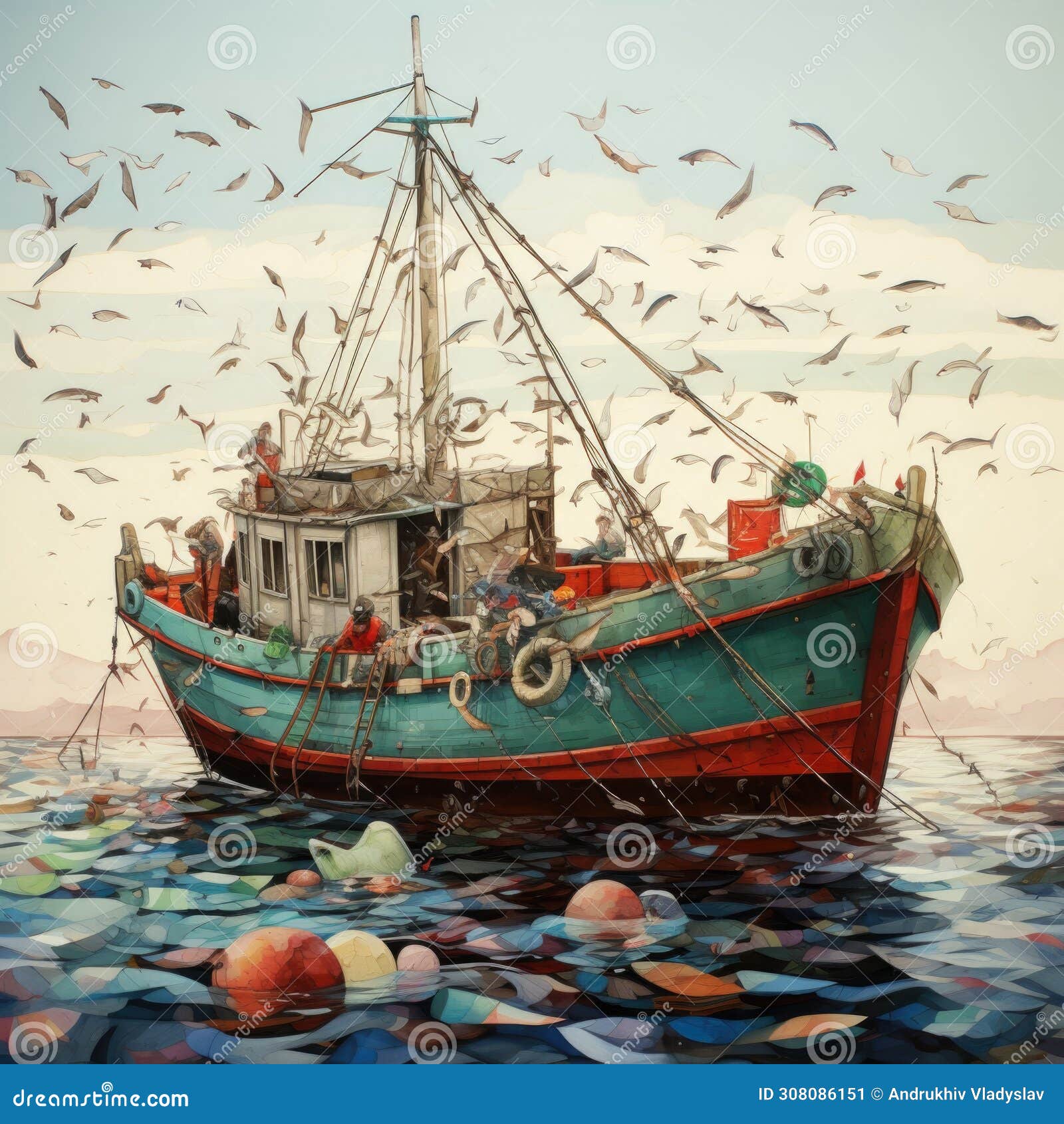 Fishing Boat Full of Fish and Nets. Fish on Deck Stock Illustration ...