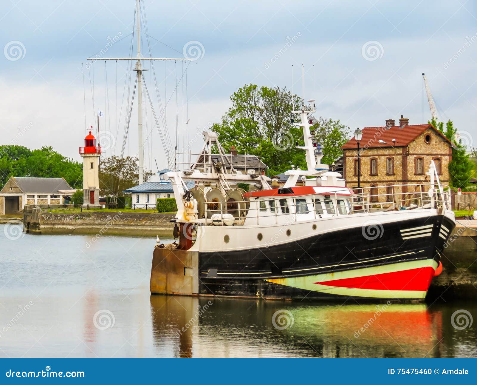 The Fishing Boat Moored in Small Harbor Stock Photo - Image of atlantic ...