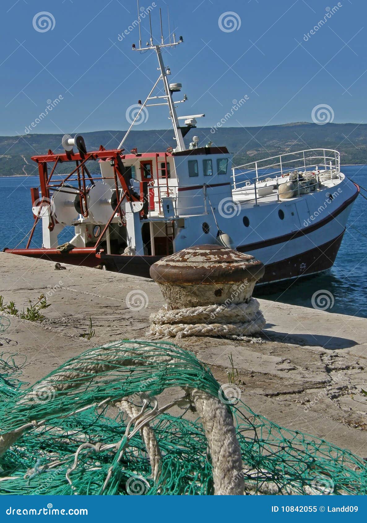 Fishing Boat and Net in Harbor Stock Image - Image of marine, anchor ...